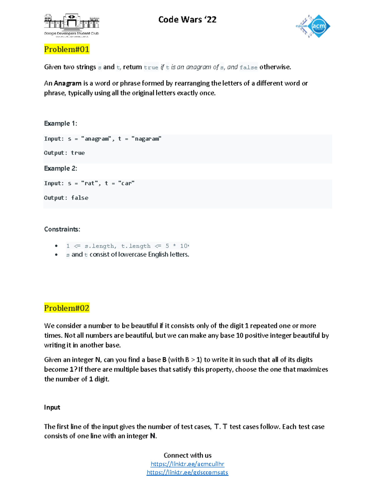 Code Wars'22-Quesions - Connect with us linktr/acmcuilhr Problem# Given two strings s and t ...