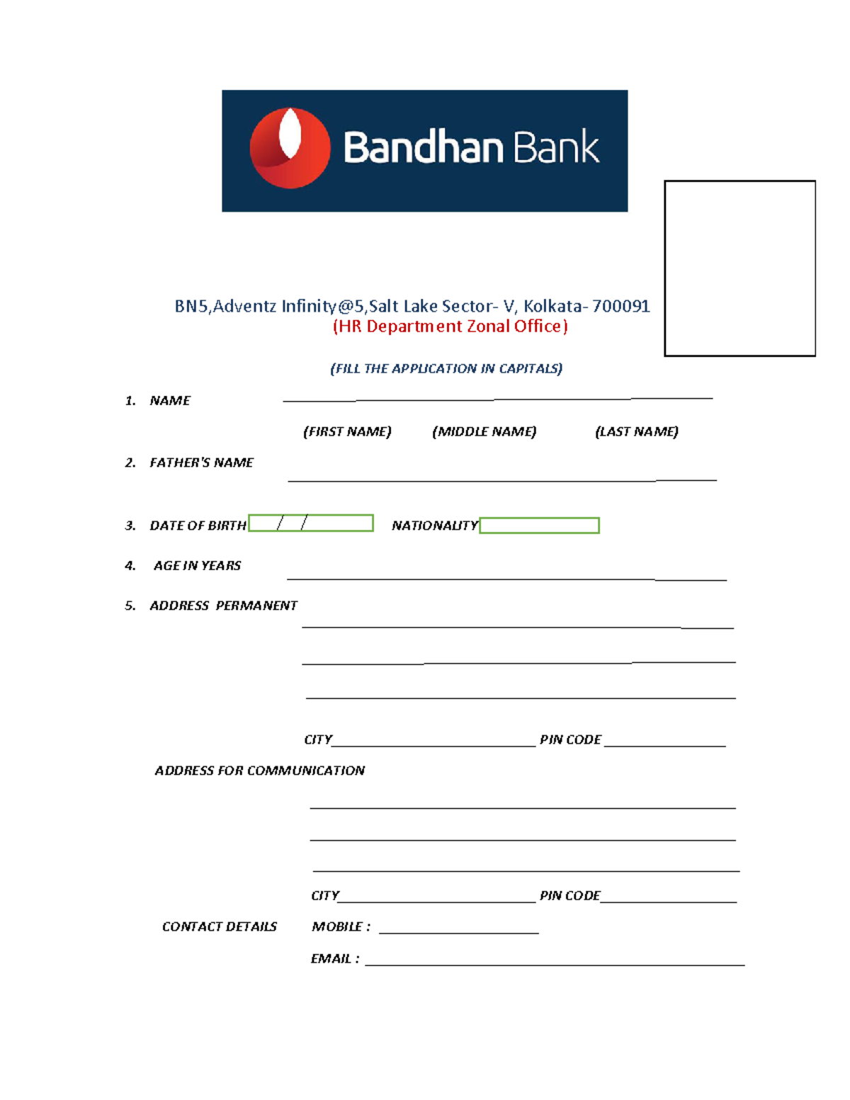 Bandhan Bank Job Application From-HR-2 - (FILL THE APPLICATION IN ...