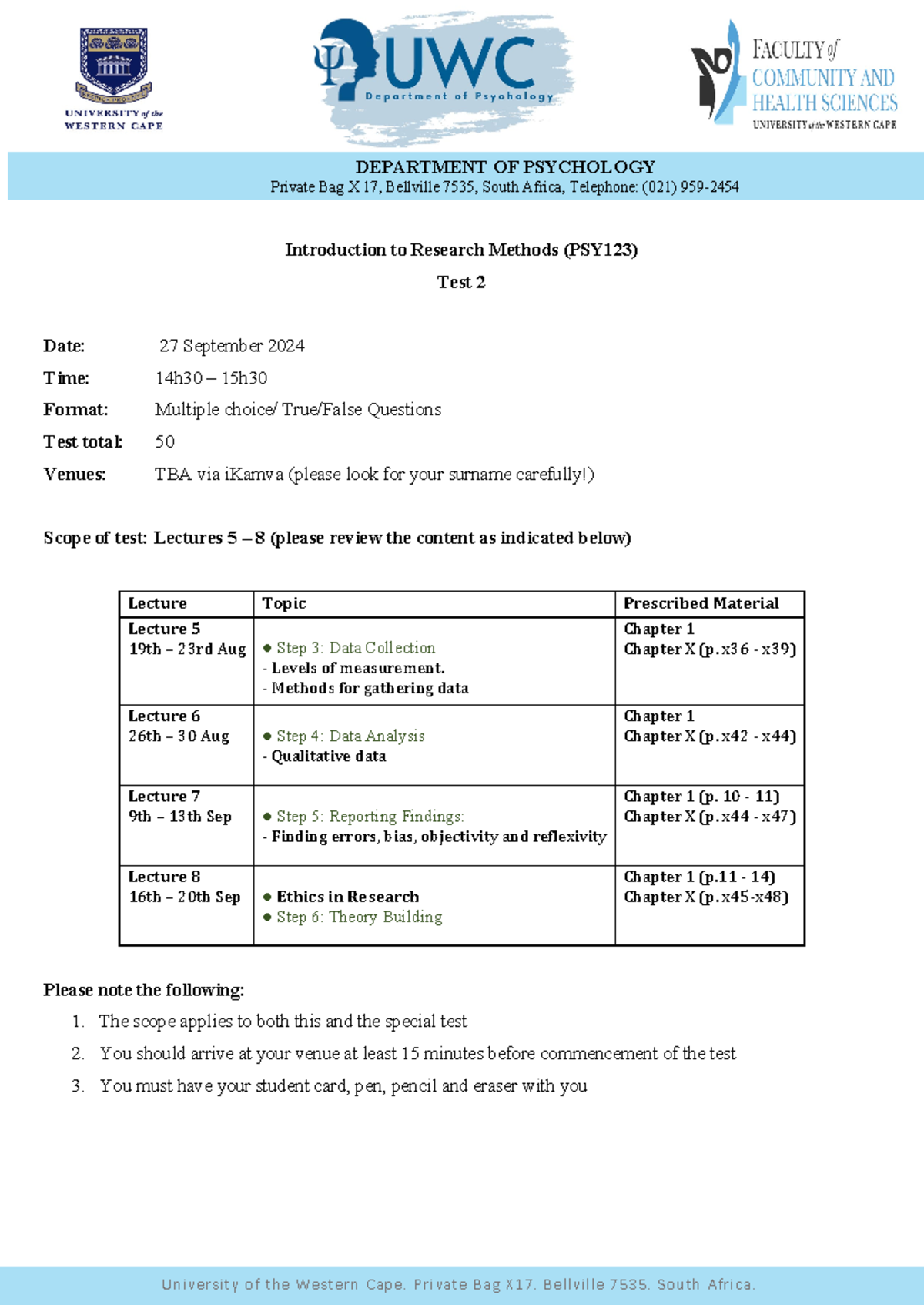 Psy123 Test 2 Scope September 2024 - University of the Western Cape ...