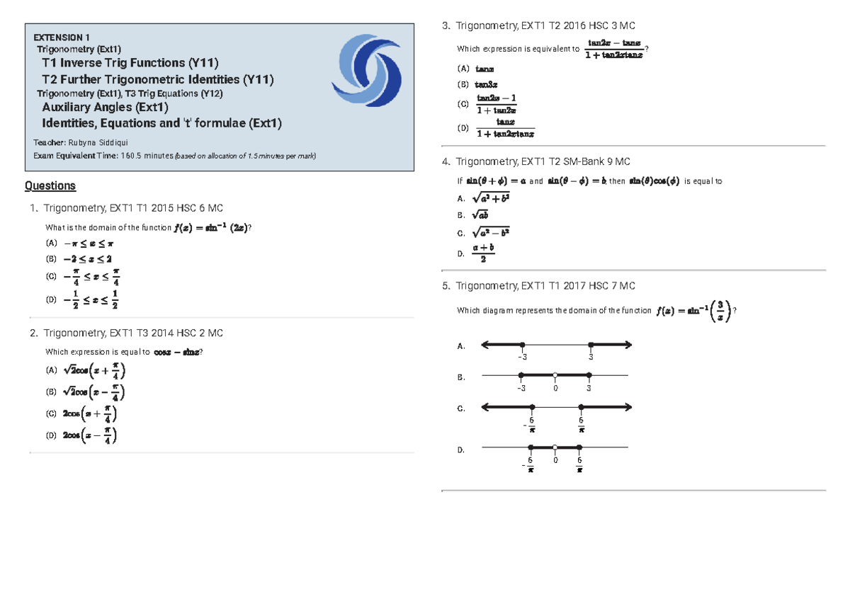 Trigonometry Yr 11 - HSC exam questions - 1. Trigonometry, EXT1 T1 2015 ...