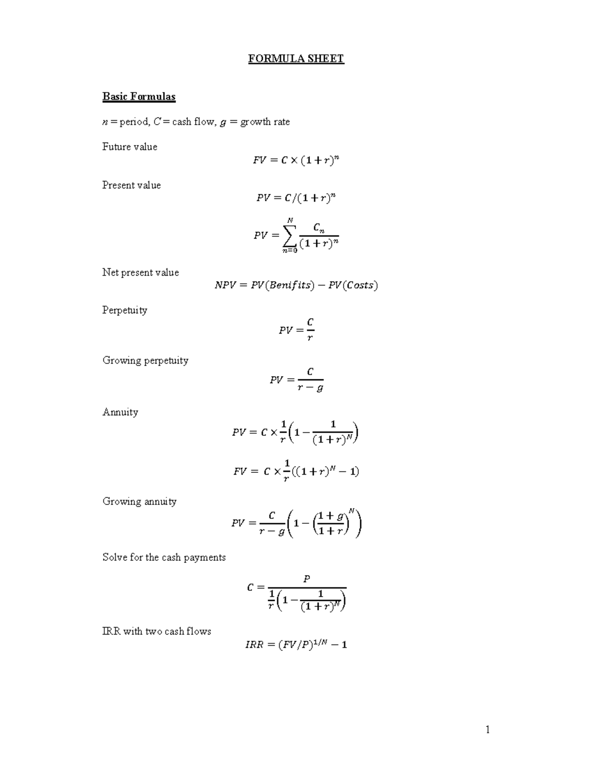 Formula Sheet 2023 FORMULA SHEET Basic Formulas N Period C Cash