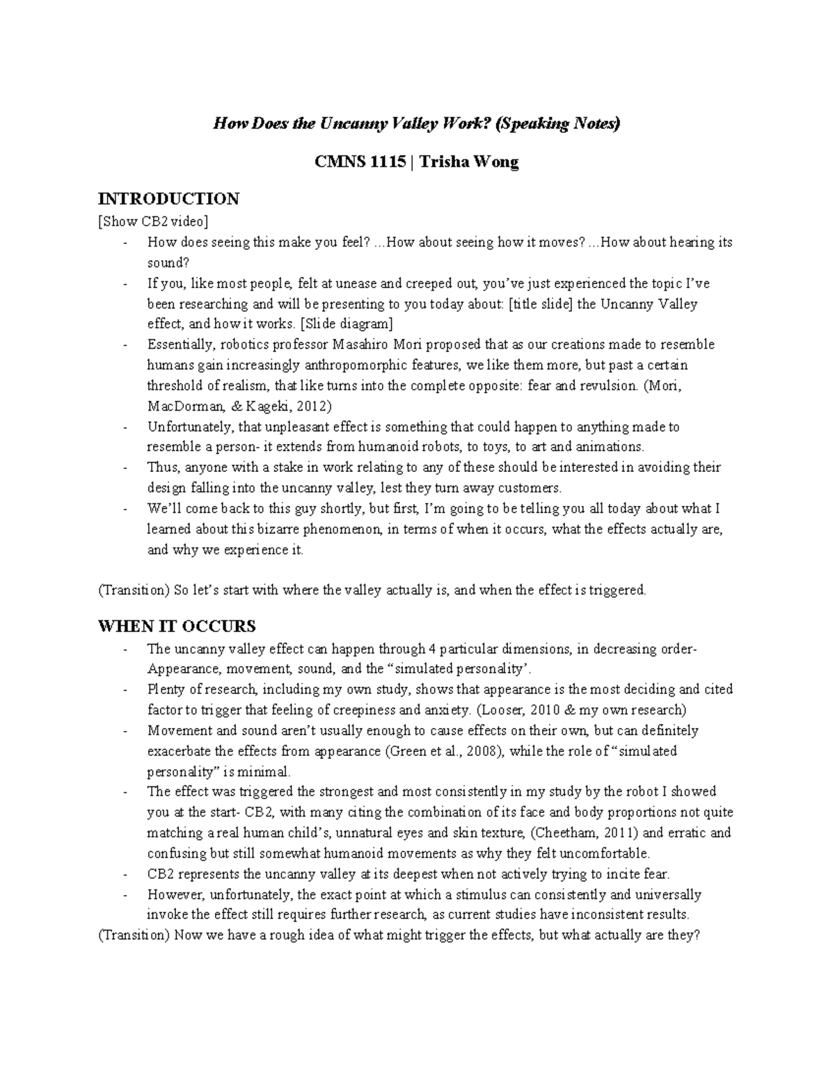 Cmns1115 oral report script - How Does the Uncanny Valley Work ...