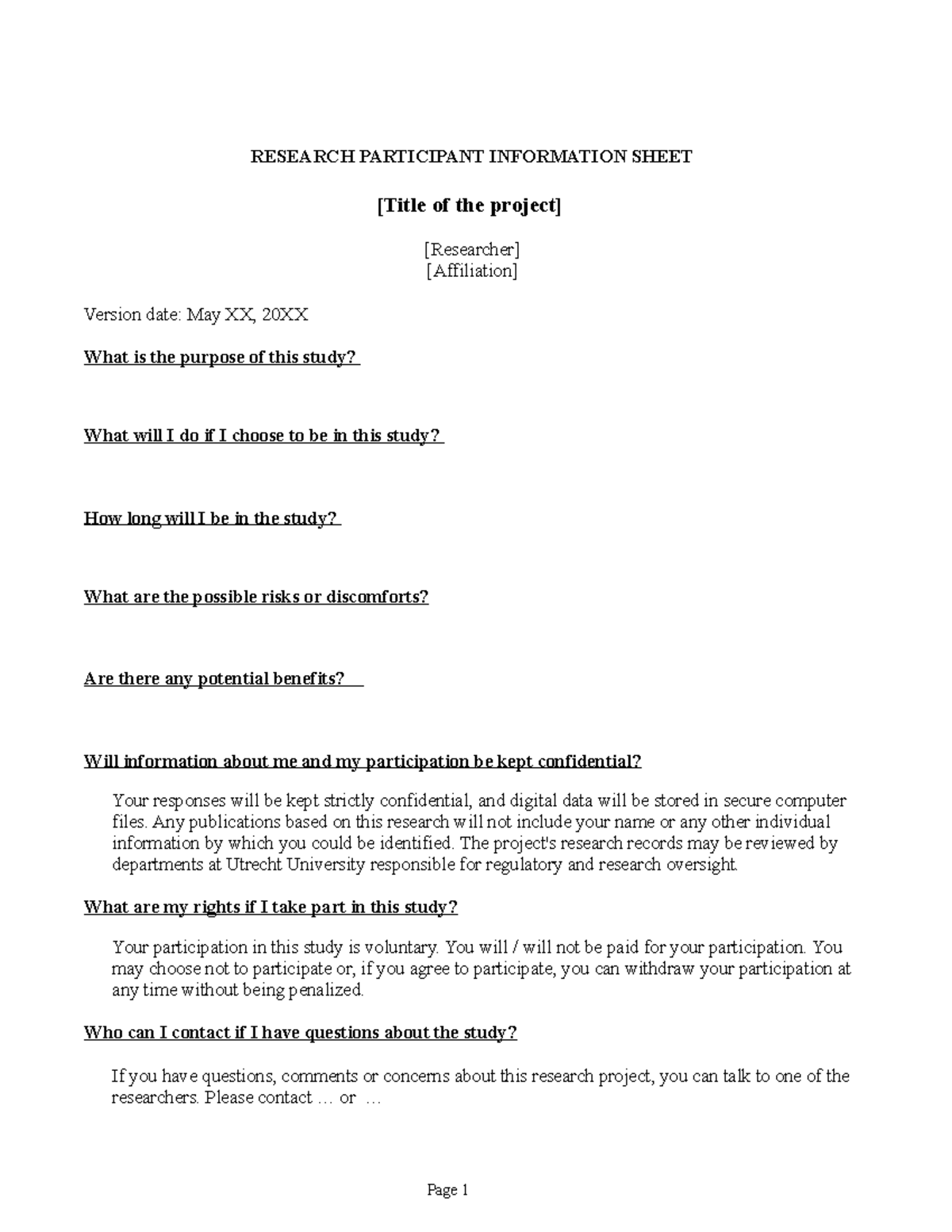 Example Standard Participant's Information Sheet - RESEARCH PARTICIPANT ...