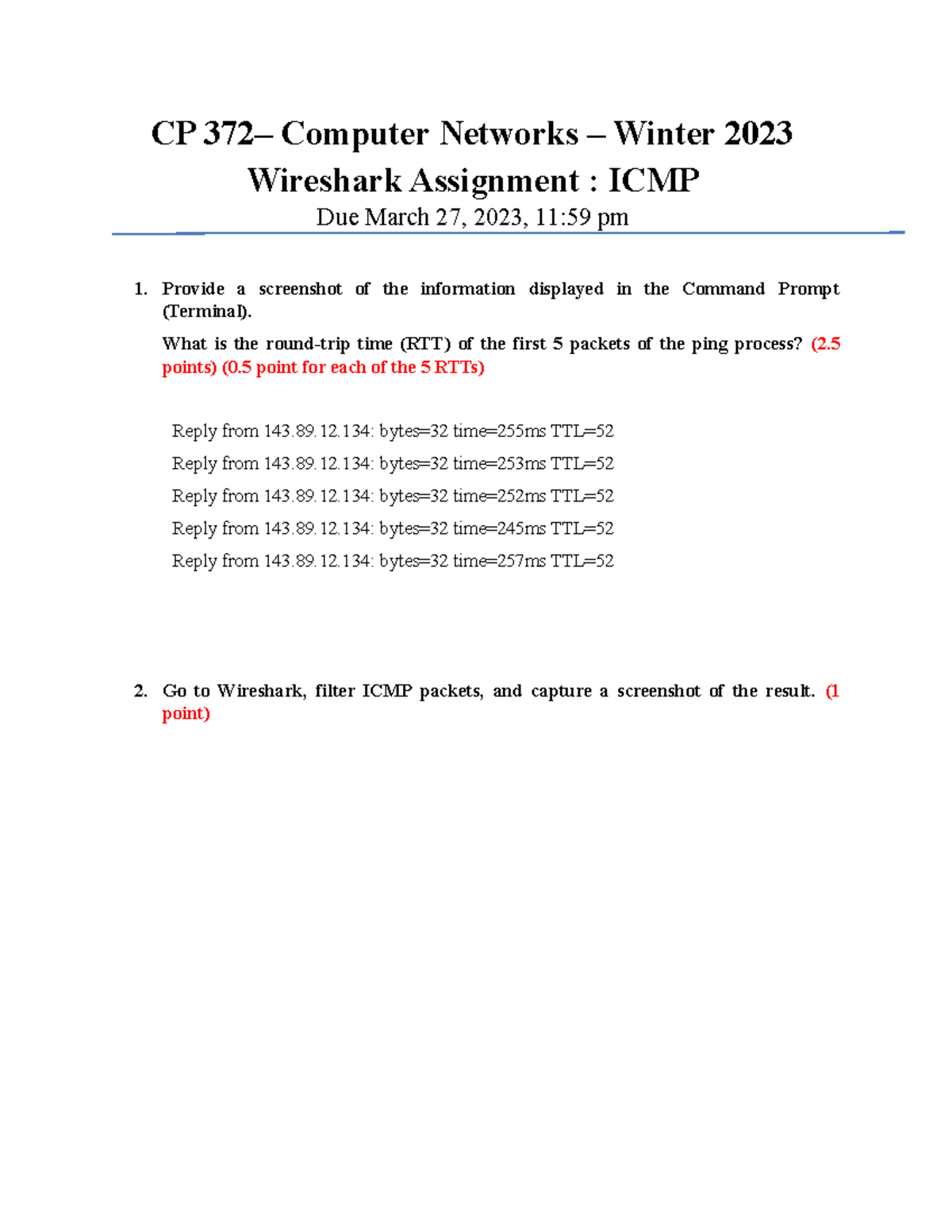 Wireshark Assignment 2 Cp 372 Computer Networks Winter 2023 Wireshark Assignment Icmp Due