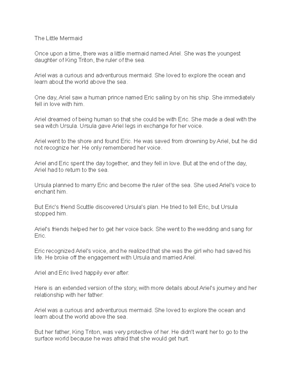 The Little Mermaid - Story - The Little Mermaid Once upon a time, there ...
