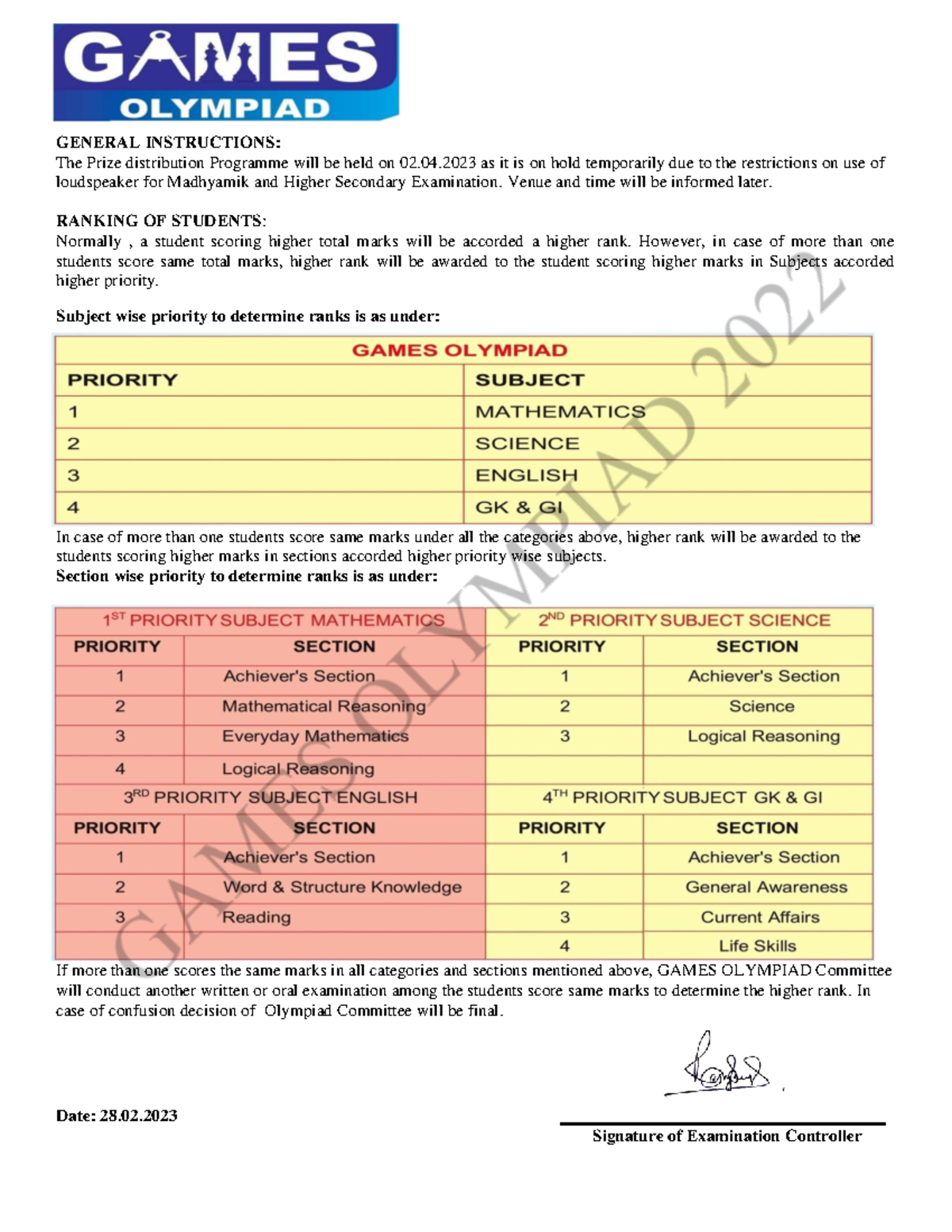 Games Olympiad Class II Result - GENERAL INSTRUCTIONS: The Prize distribution Programme will be ...