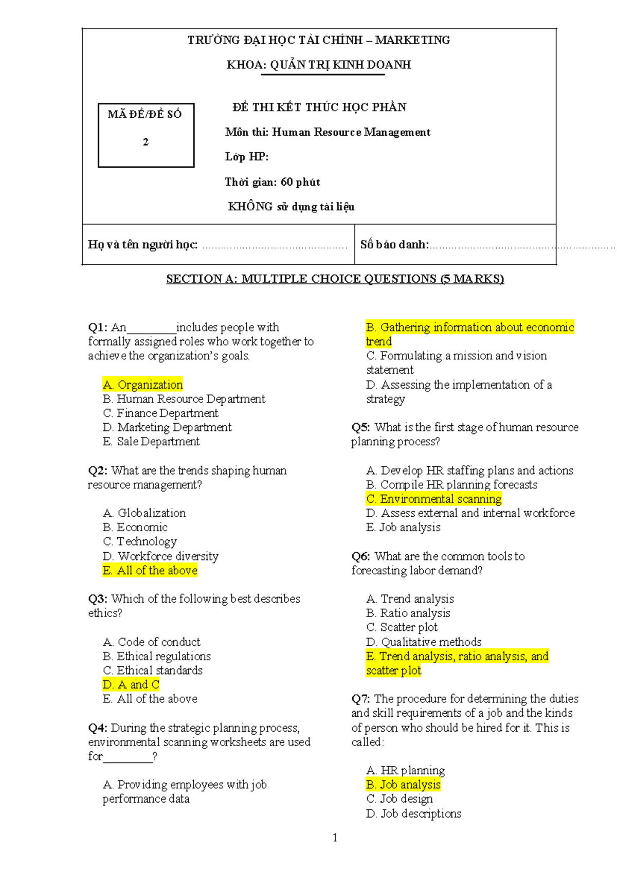 hrm 2024 part 1 - SECTION A: MULTIPLE CHOICE QUESTIONS (5 MARKS) Q1: An________includes people ...
