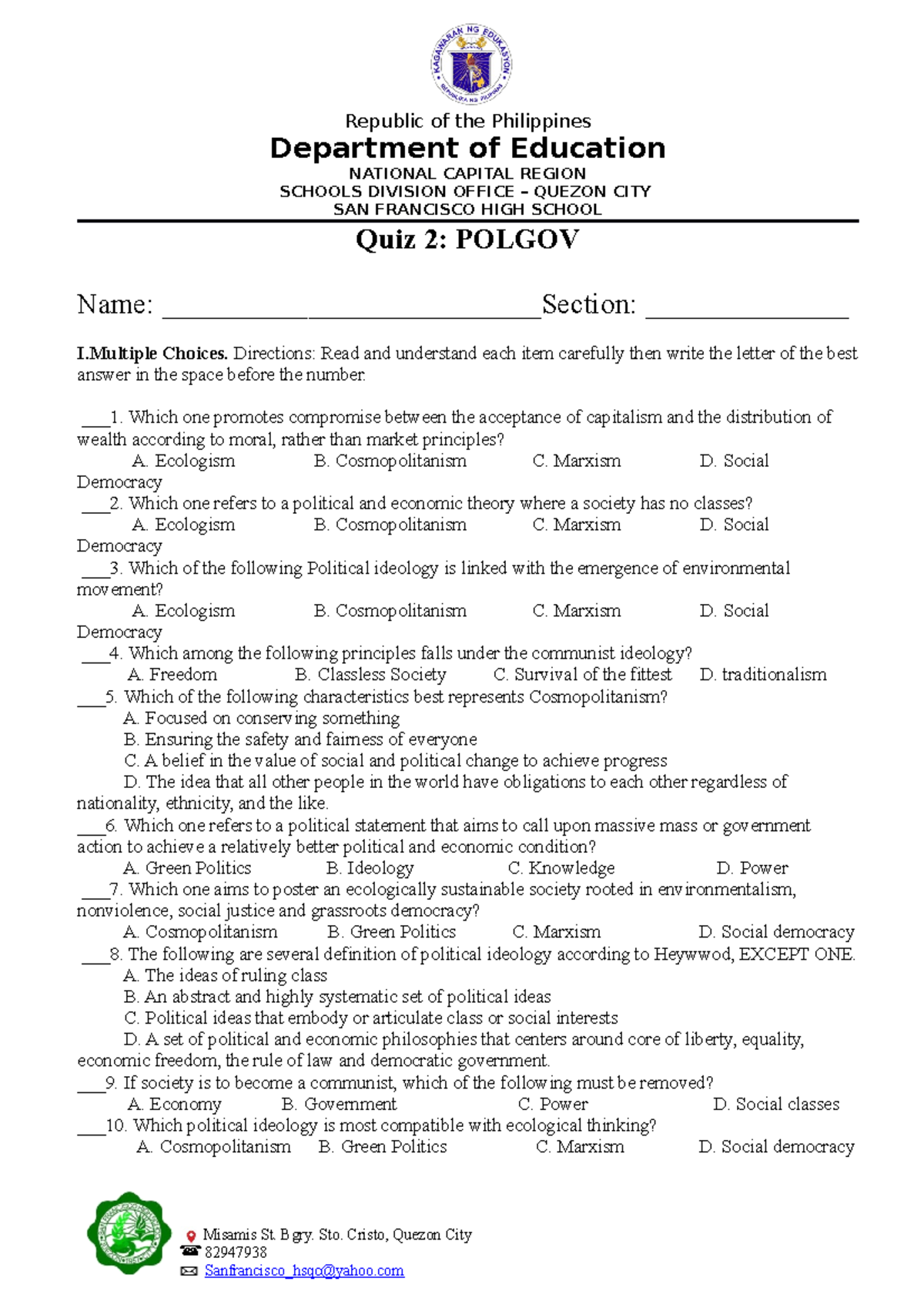 QUIZ 2 Polgov - quiz for shs - Department of Education NATIONAL CAPITAL ...