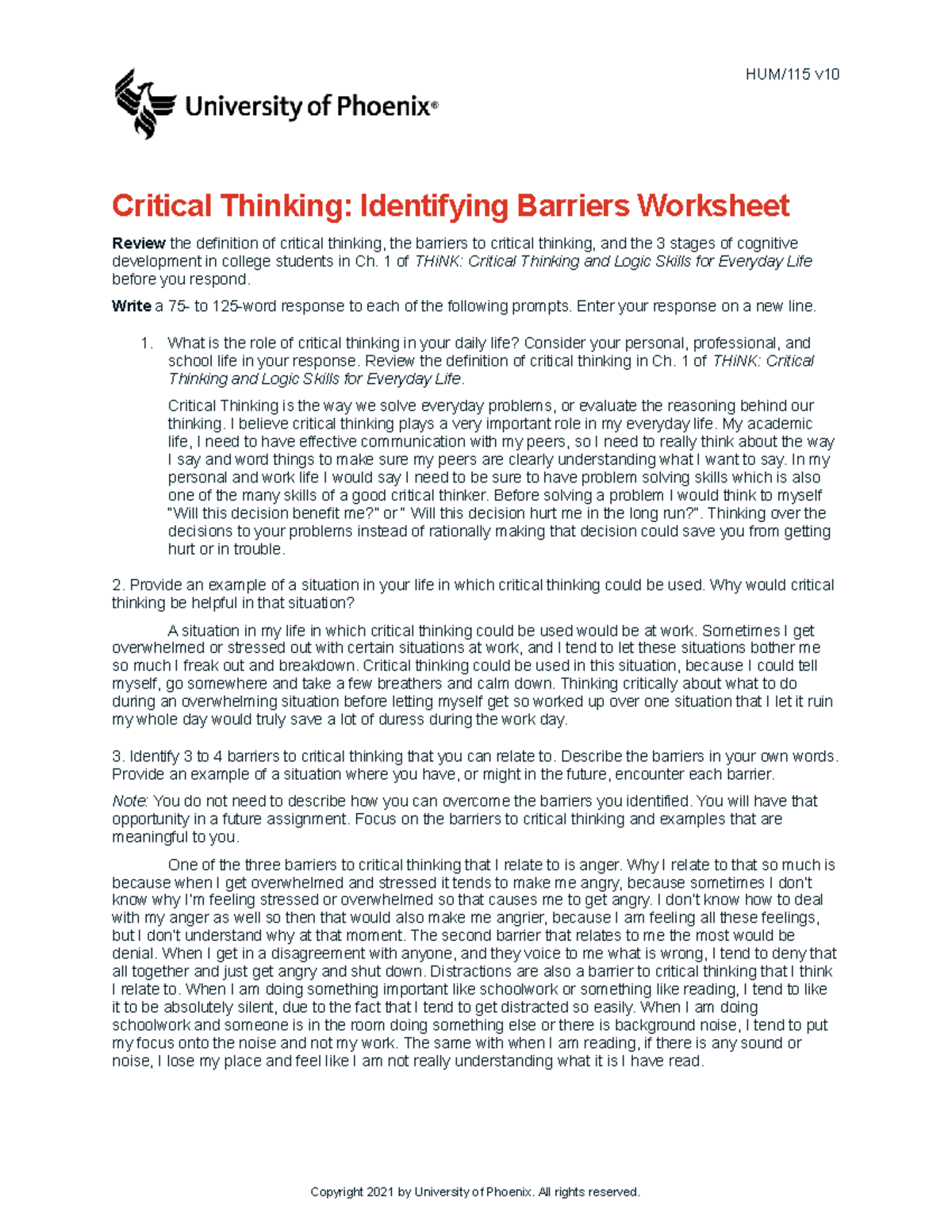 Hum115 v10 wk1 critical thinking identifying barriers worksheet - HUM ...