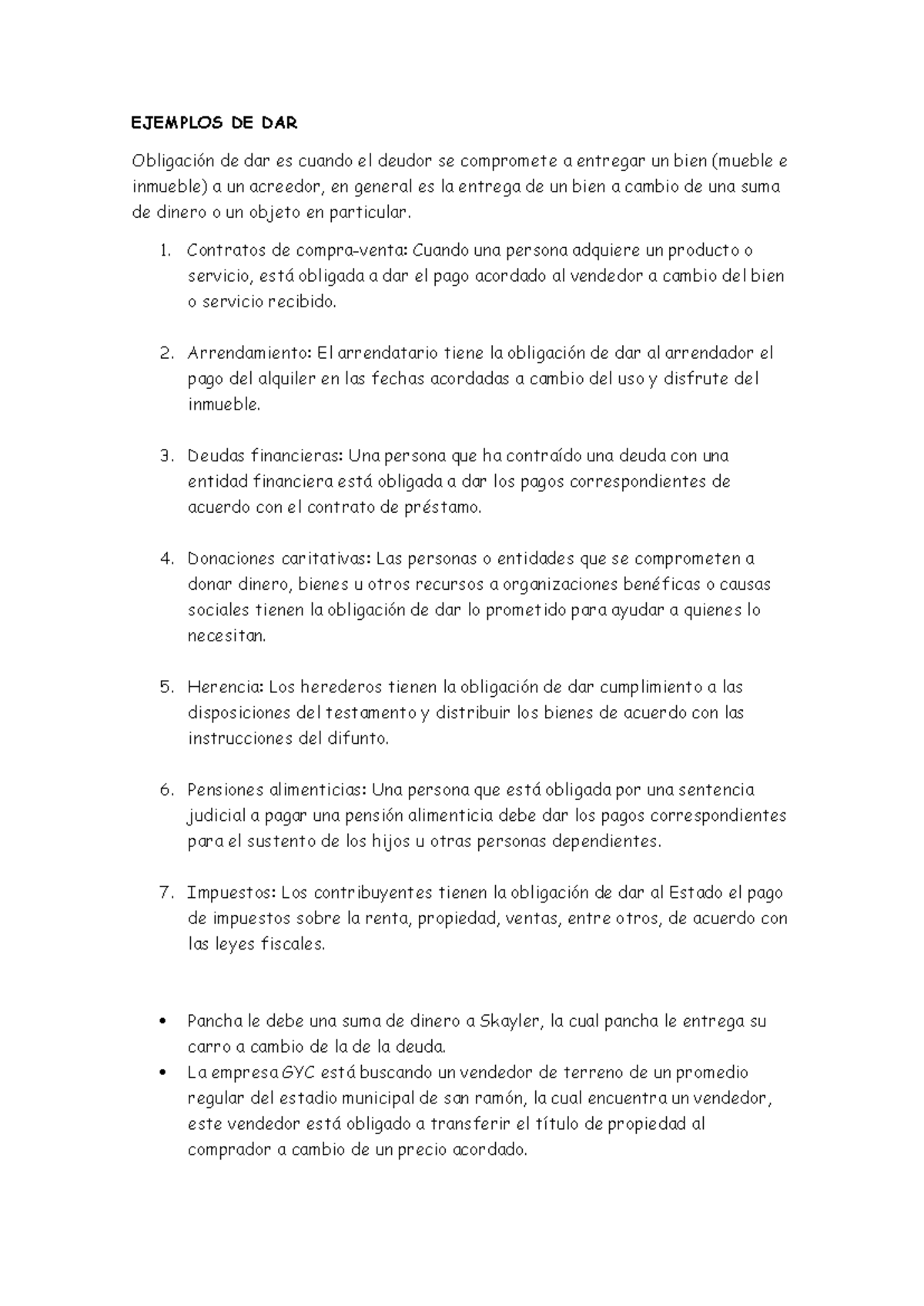 Obligacion DE DAR - EJEMPLOS DE DAR Obligación de dar es cuando el ...