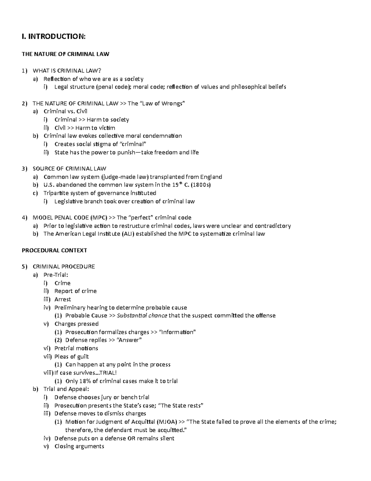 CRIM Outline - Summary Criminal Law - I. INTRODUCTION: THE NATURE OF CRIMINAL LAW 1) WHAT IS ...