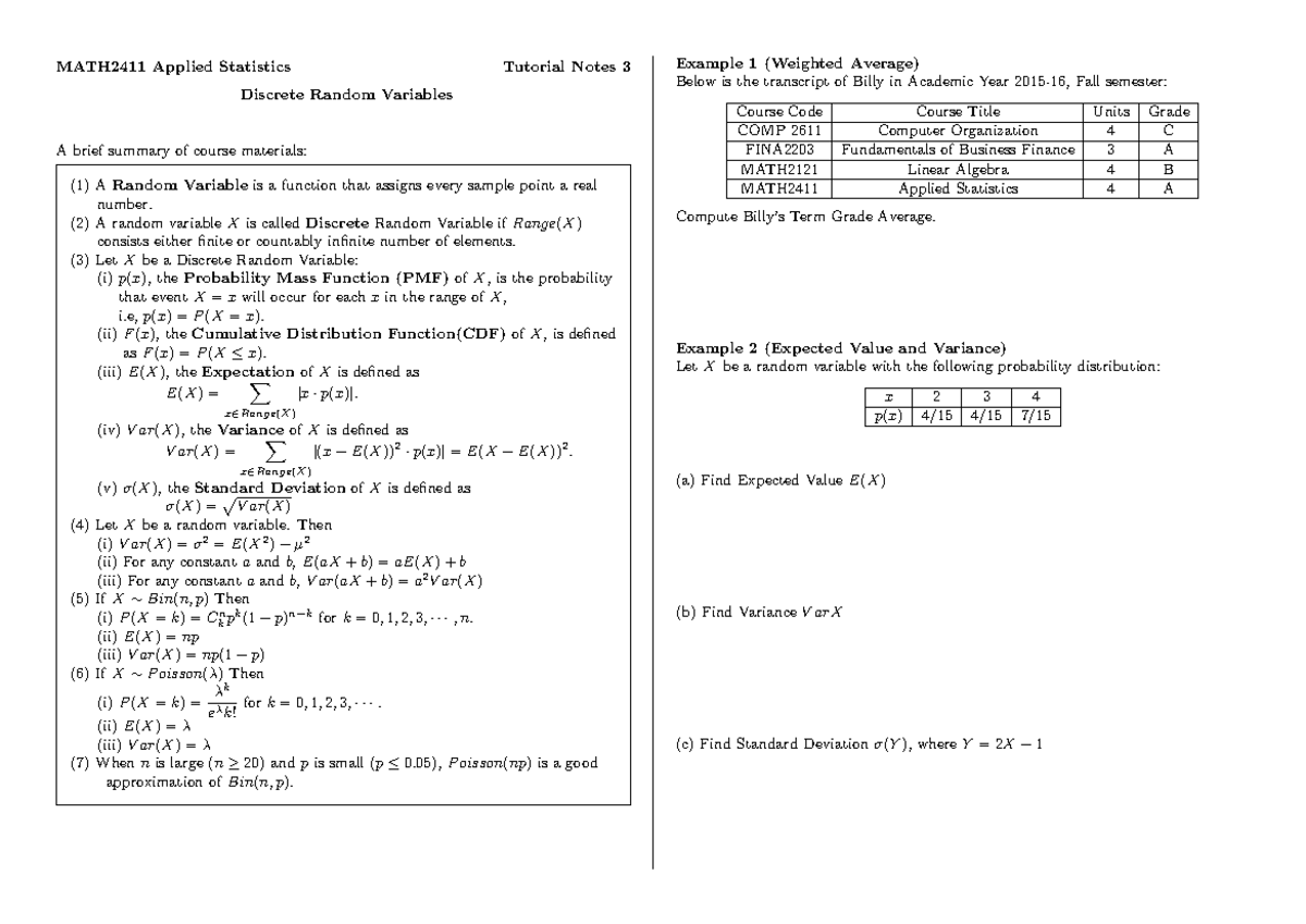 TN03 - Dave Au - MATH2411 Applied Statistics Tutorial Notes 3 Discrete ...