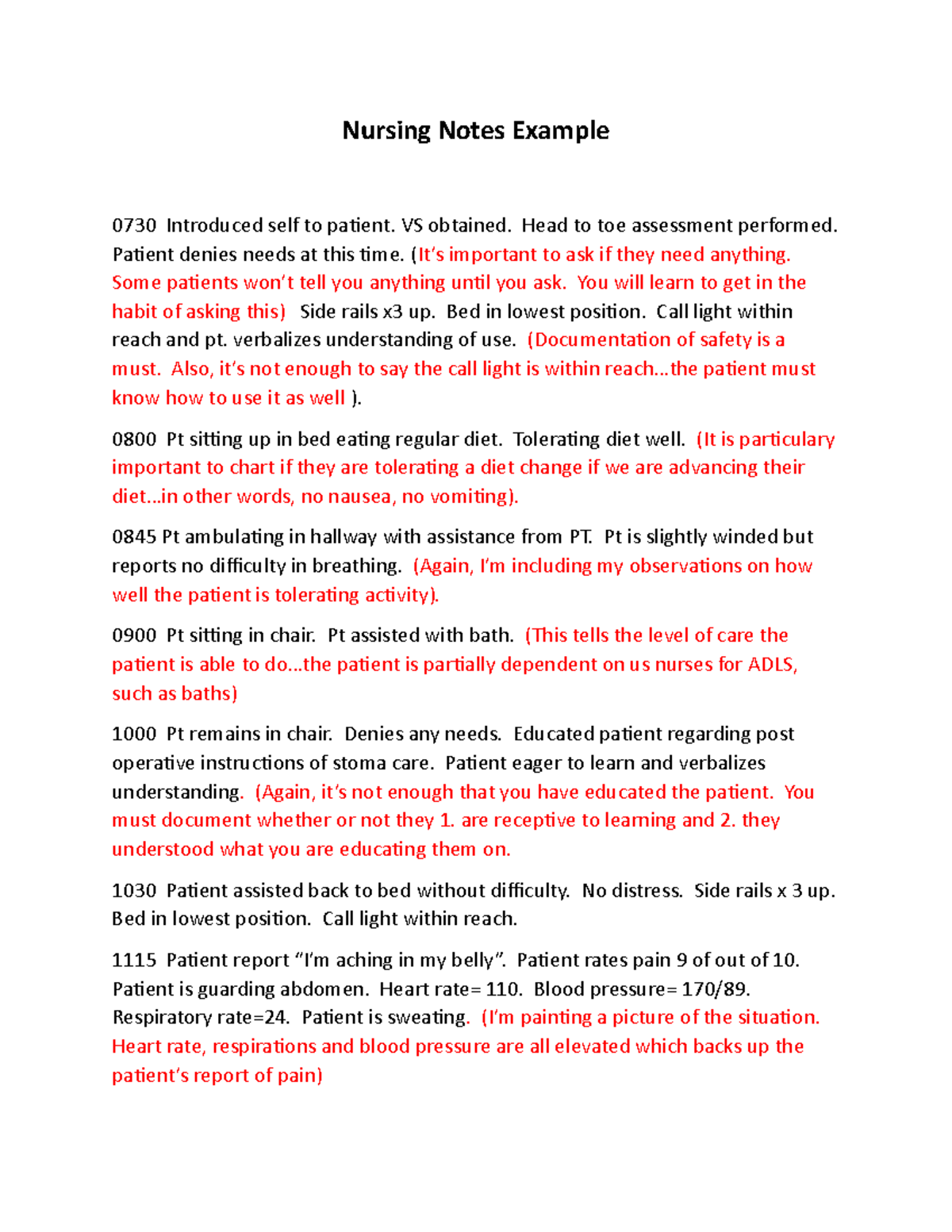 Nursing Notes Example Nursing Notes Example 0730 Introduced Self To 