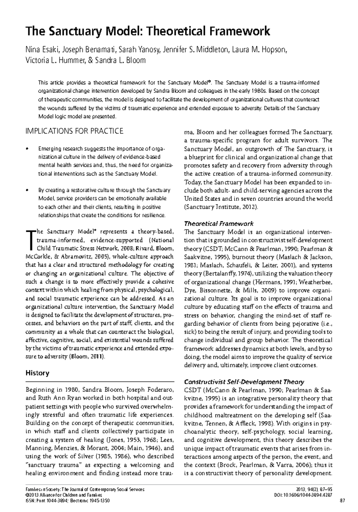 2013 Esaki et al The Sanctuary Model - 87 Families in Society: The ...