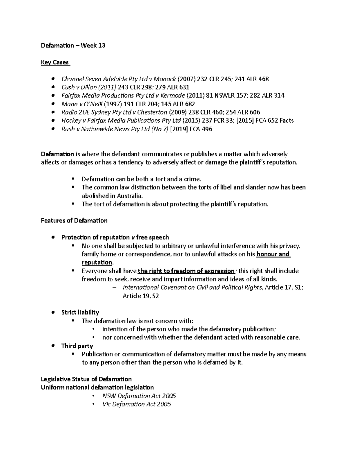 Defamation 13 - Defamation – Week 13 Key Cases Channel Seven Adelaide ...