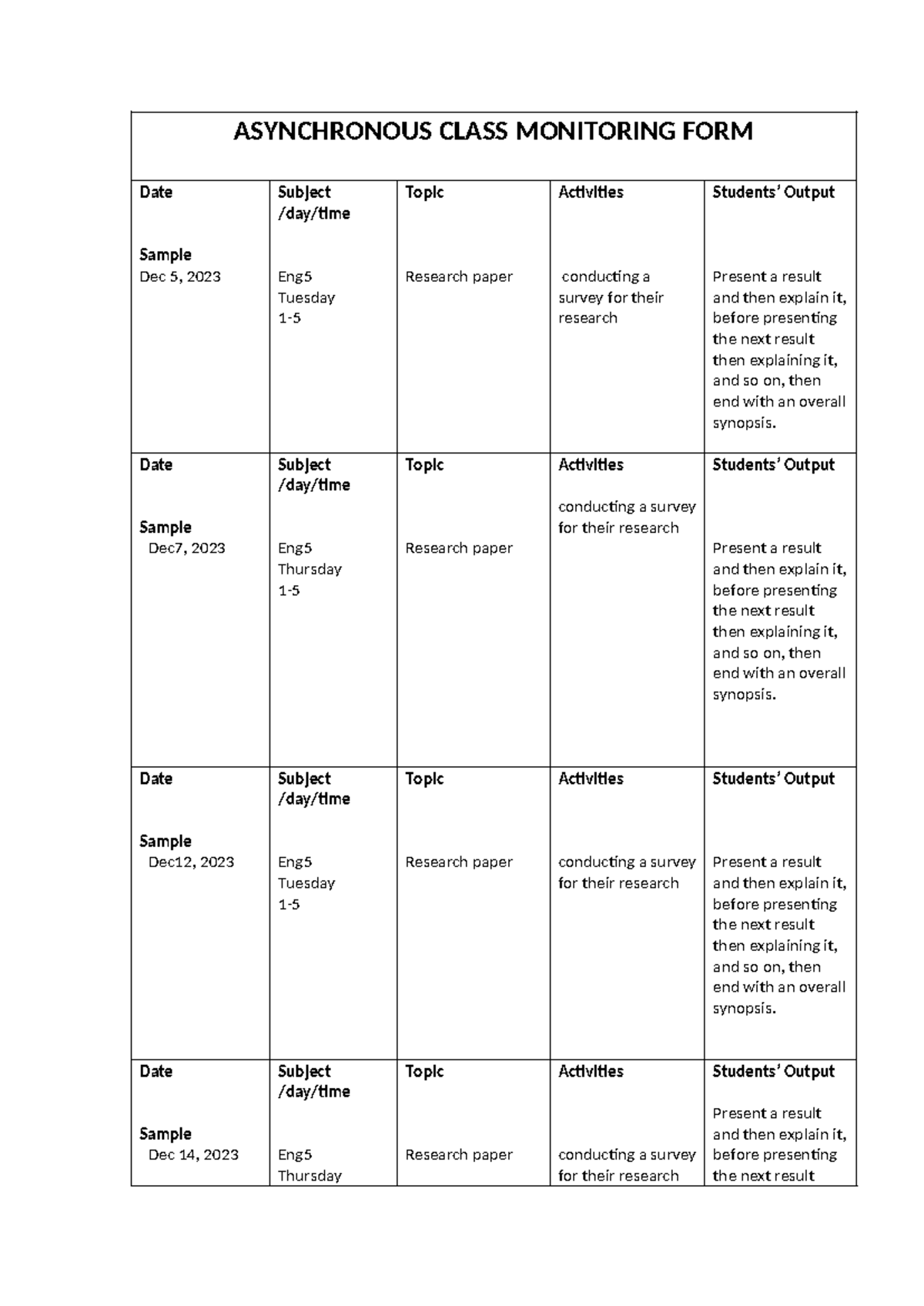 ENG5 Asynchronous Class Monitoring FORM - ASYNCHRONOUS CLASS MONITORING FORM Date Sample Dec 5 ...