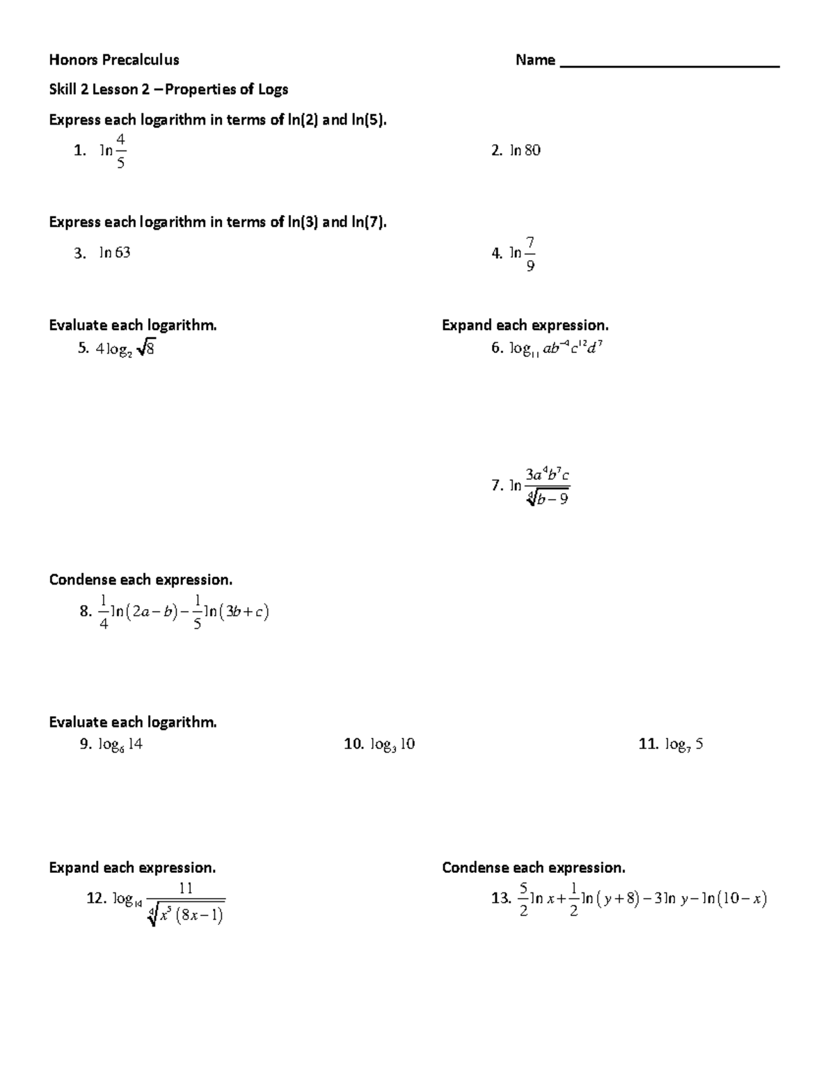 Practice - Honors Precalculus Name ___________________________ Skill 2 ...