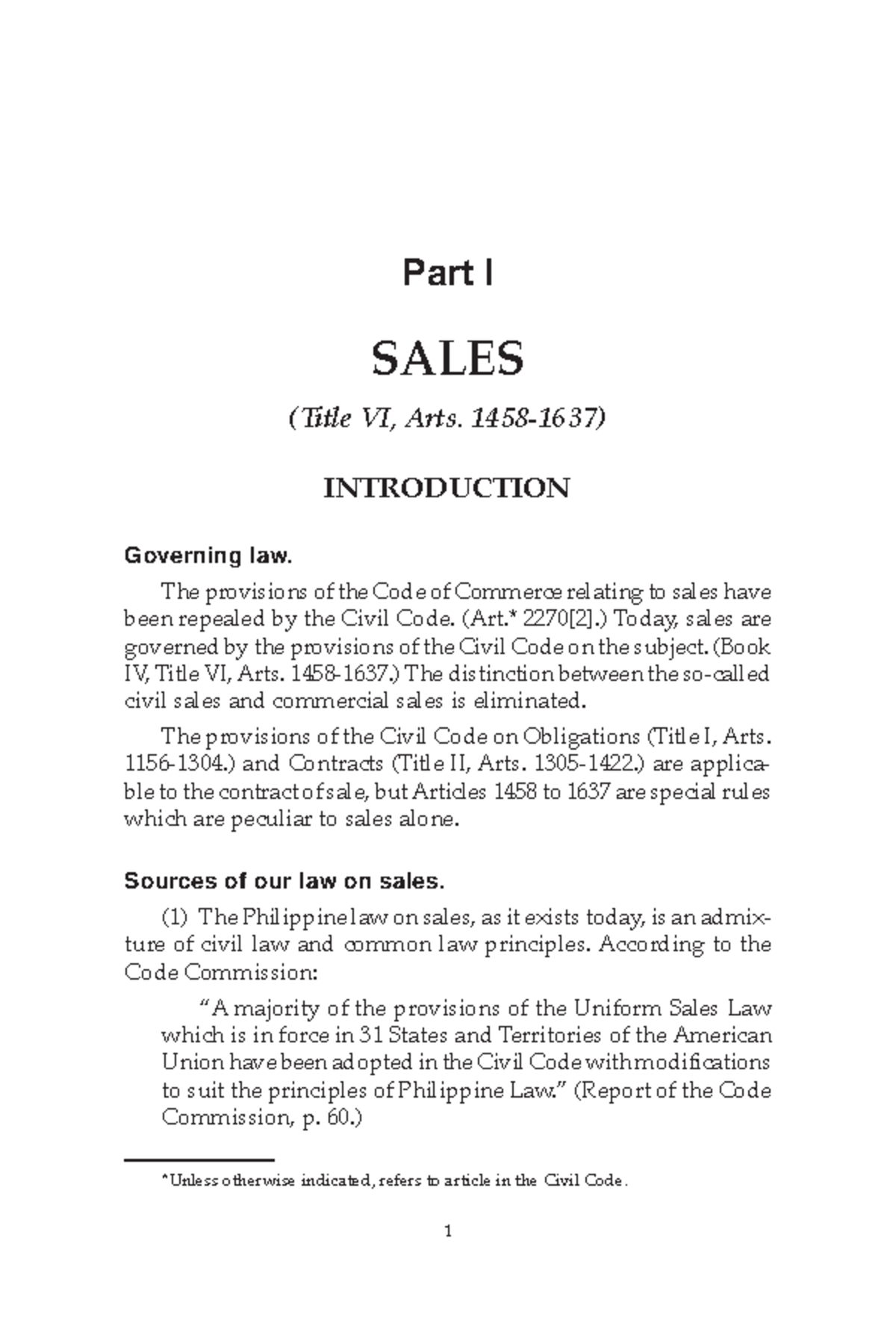 DE LEON - Law on Sales - 1 1 Part I SALES (Title VI, Arts. 1458-1637 ...