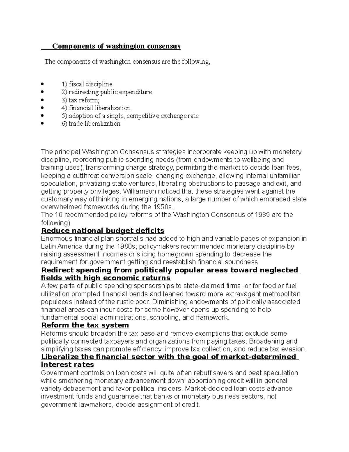 Washington Consensus - its essay - Components of washington consensus ...