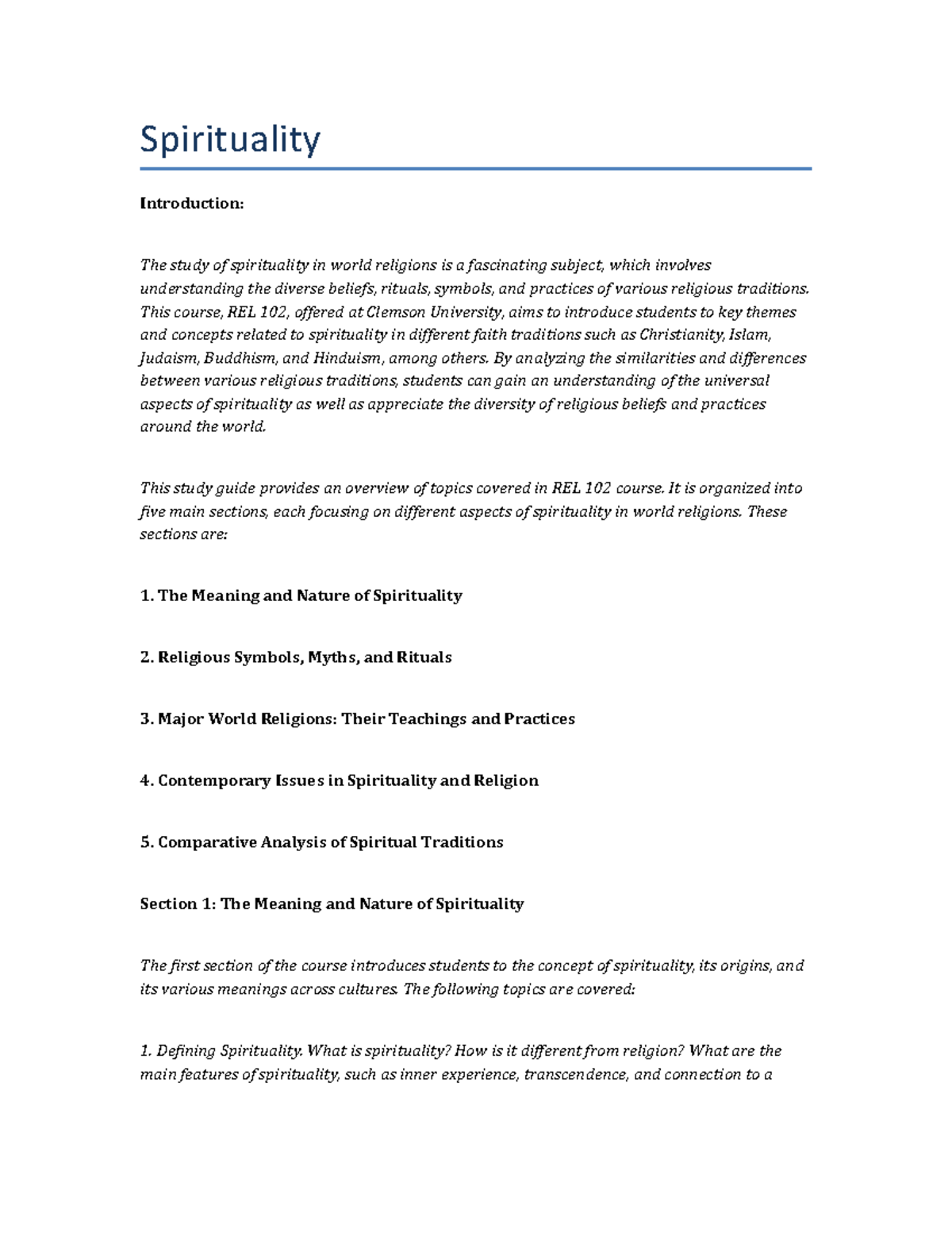 Spirituality - World Religions (REL 102) Lecture notes - Spirituality ...
