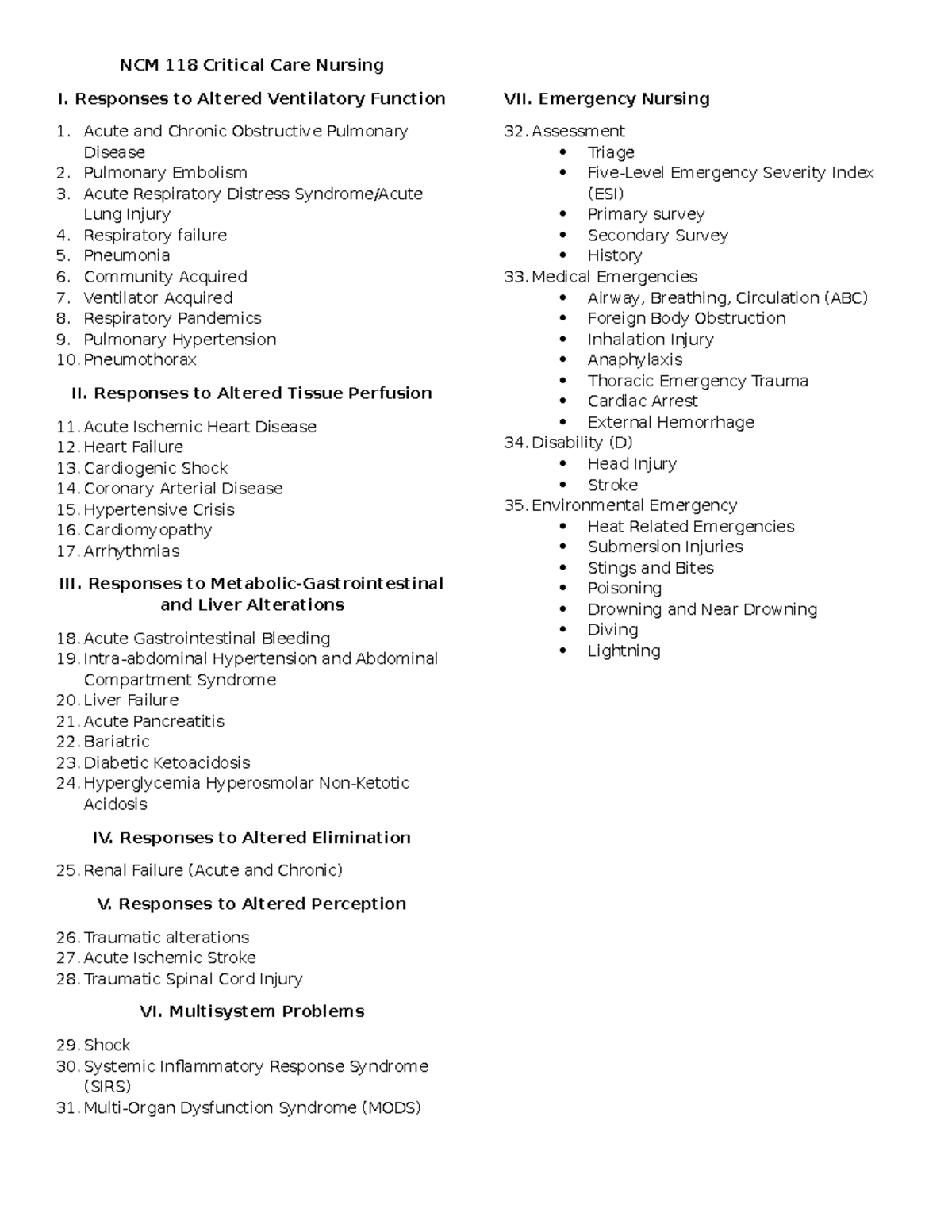 Topics - syllabus - NCM 118 Critical Care Nursing I. Responses to ...