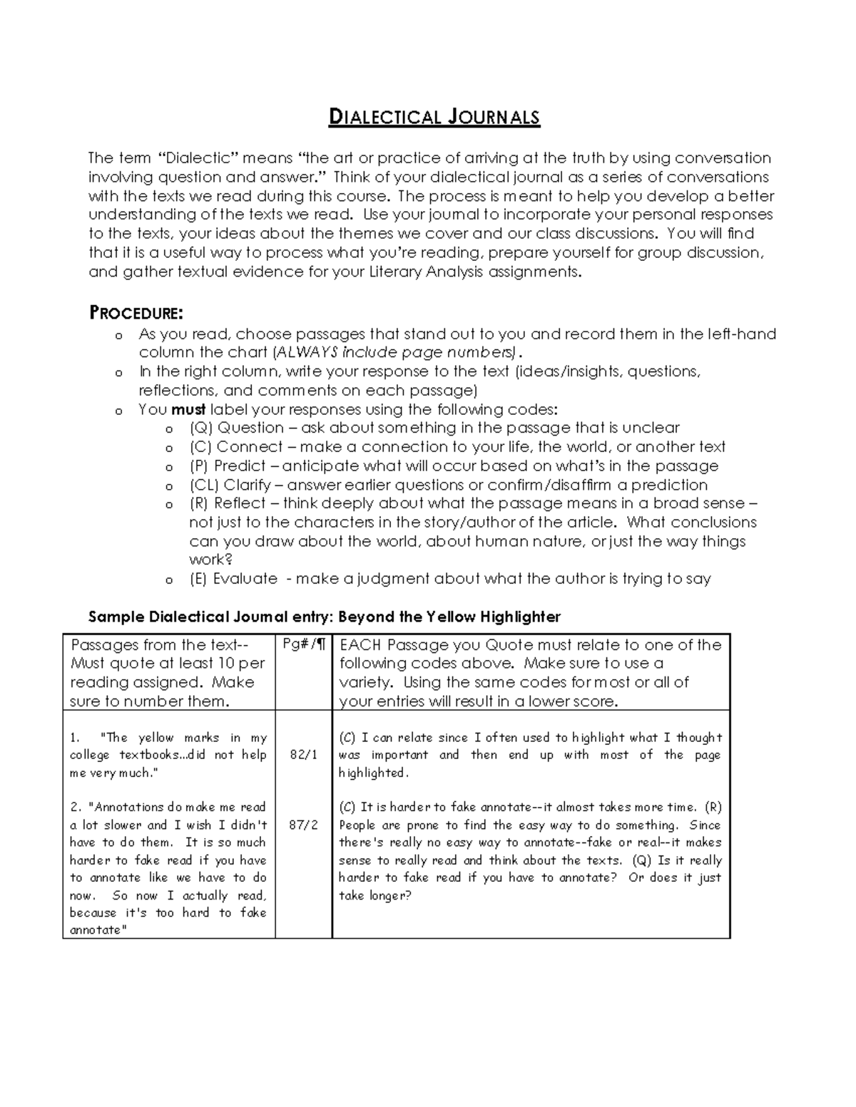 2016 Dialectical Journal Directions for all grade levels - DIALECTICAL ...