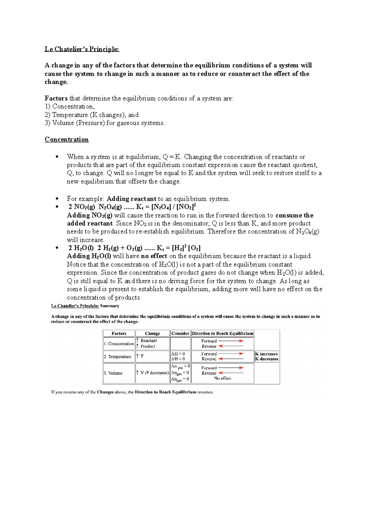 Le chatelier notes key - Le Chatelier's Principle: A change in any of ...