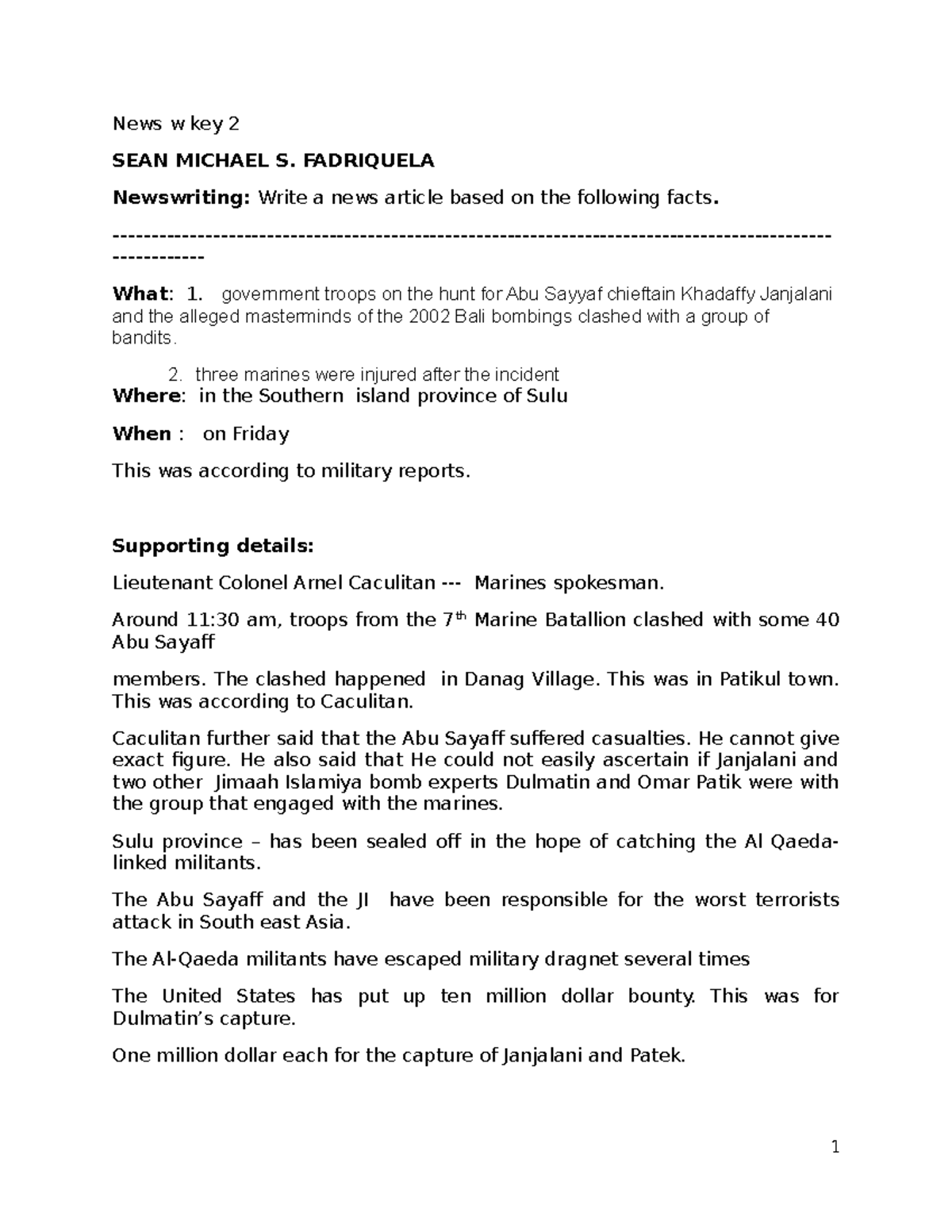 Pdfcoffee.com news-writing-exercises-5-pdf-free - News w key 2 SEAN MICHAEL S. FADRIQUELA - Studocu