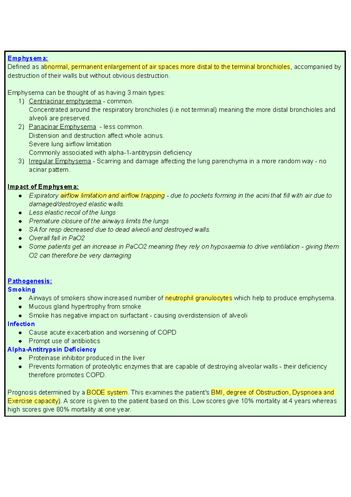 Emphysema - Lecture notes Year 4 Respiratory - Emphysema: Defined as ...