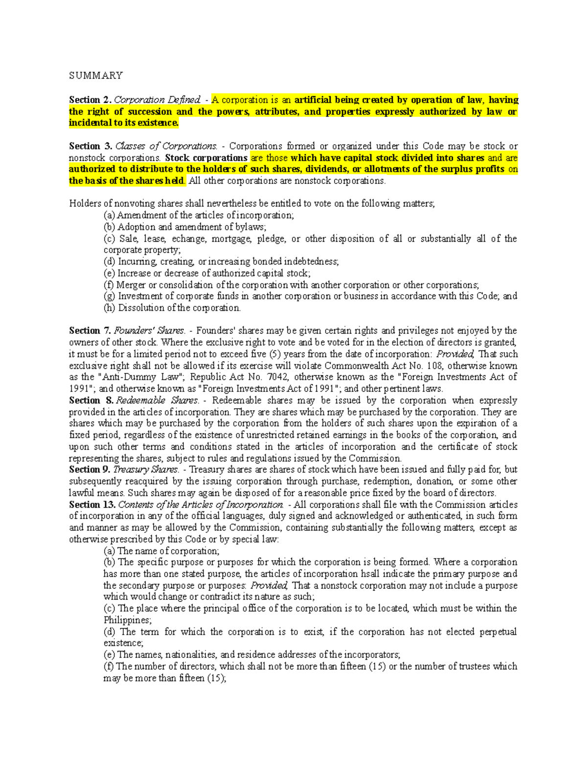 Summary Corpo LAW - reviewer - SUMMARY Section 2. Corporation Defined ...