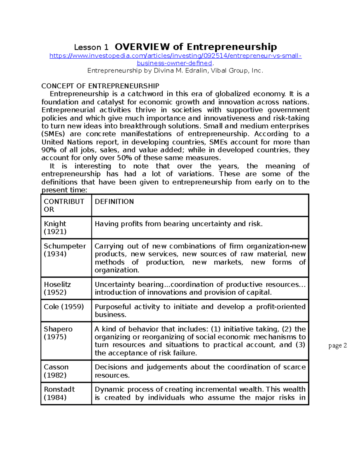 Lesson 1 Overview of Entrepreneurship - Lesson 1 OVERVIEW of ...