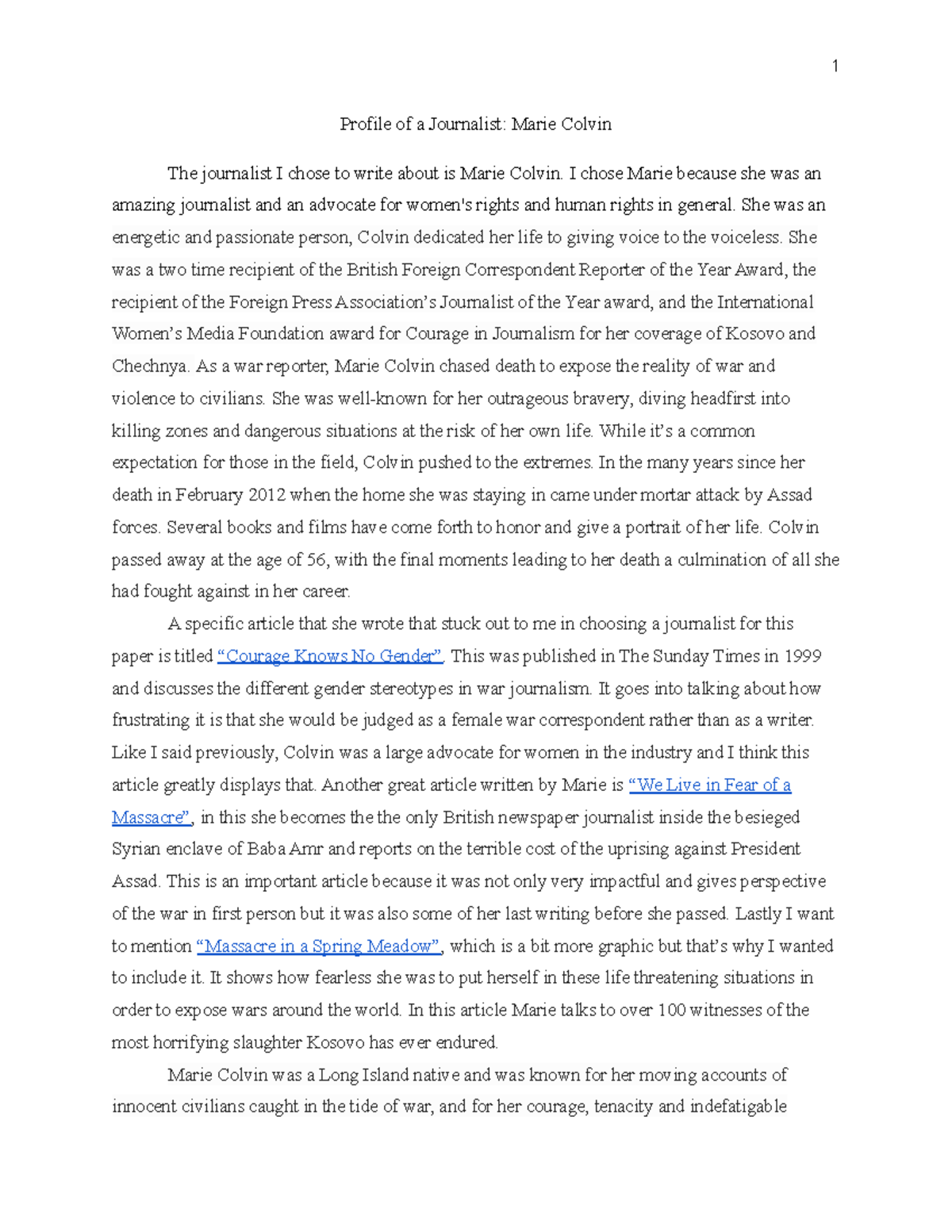 Profile of a Journalist - I chose Marie because she was an amazing ...