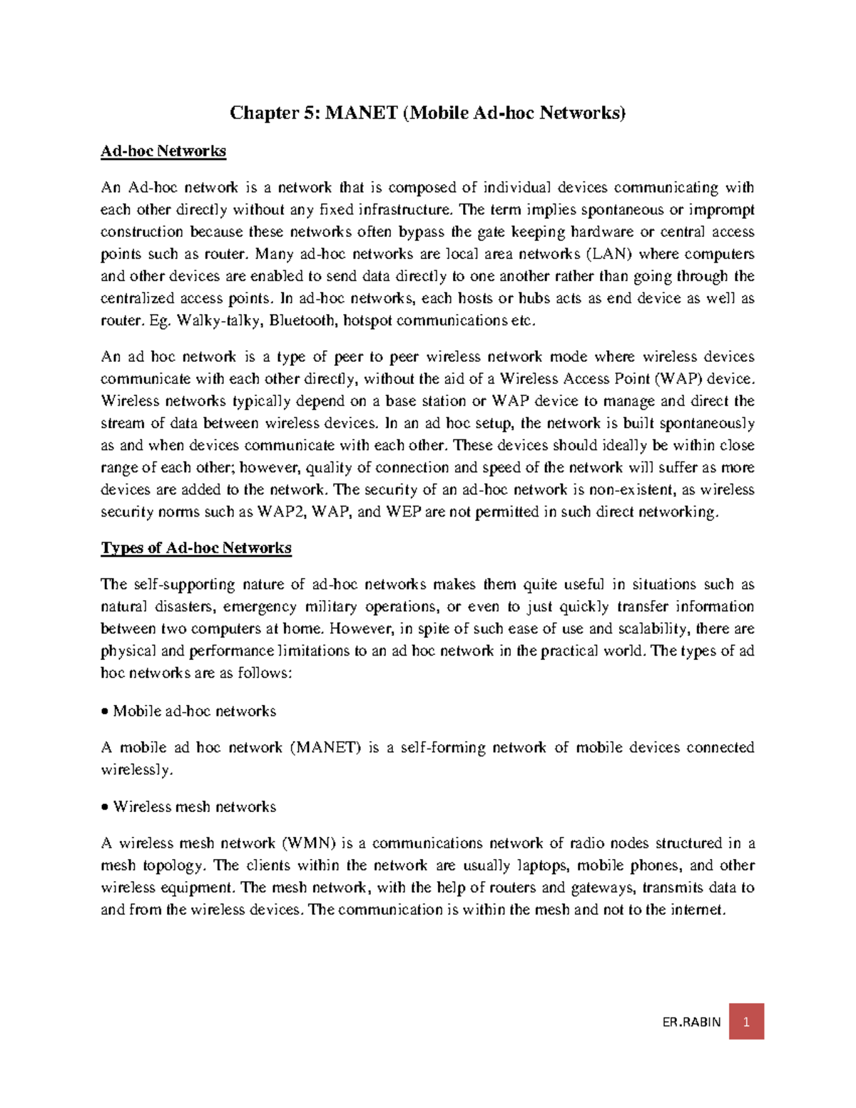 Chapter-5 - adasdf asd - Chapter 5: MANET (Mobile Ad-hoc Networks) Ad ...