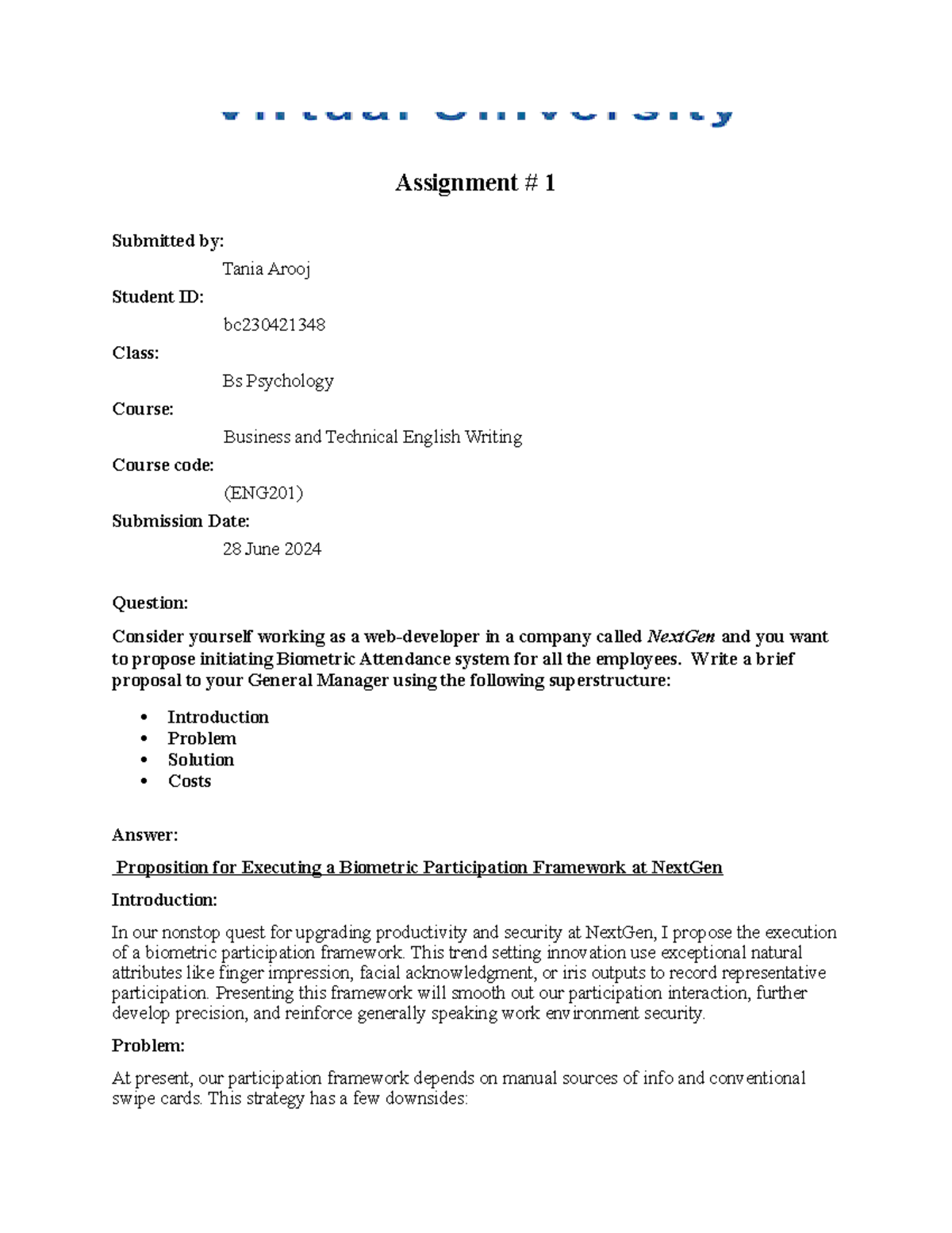 Assigment 1 sloution - ENG 201 assignment solution for vu students Fall 2024 - Assignment # 1 ...