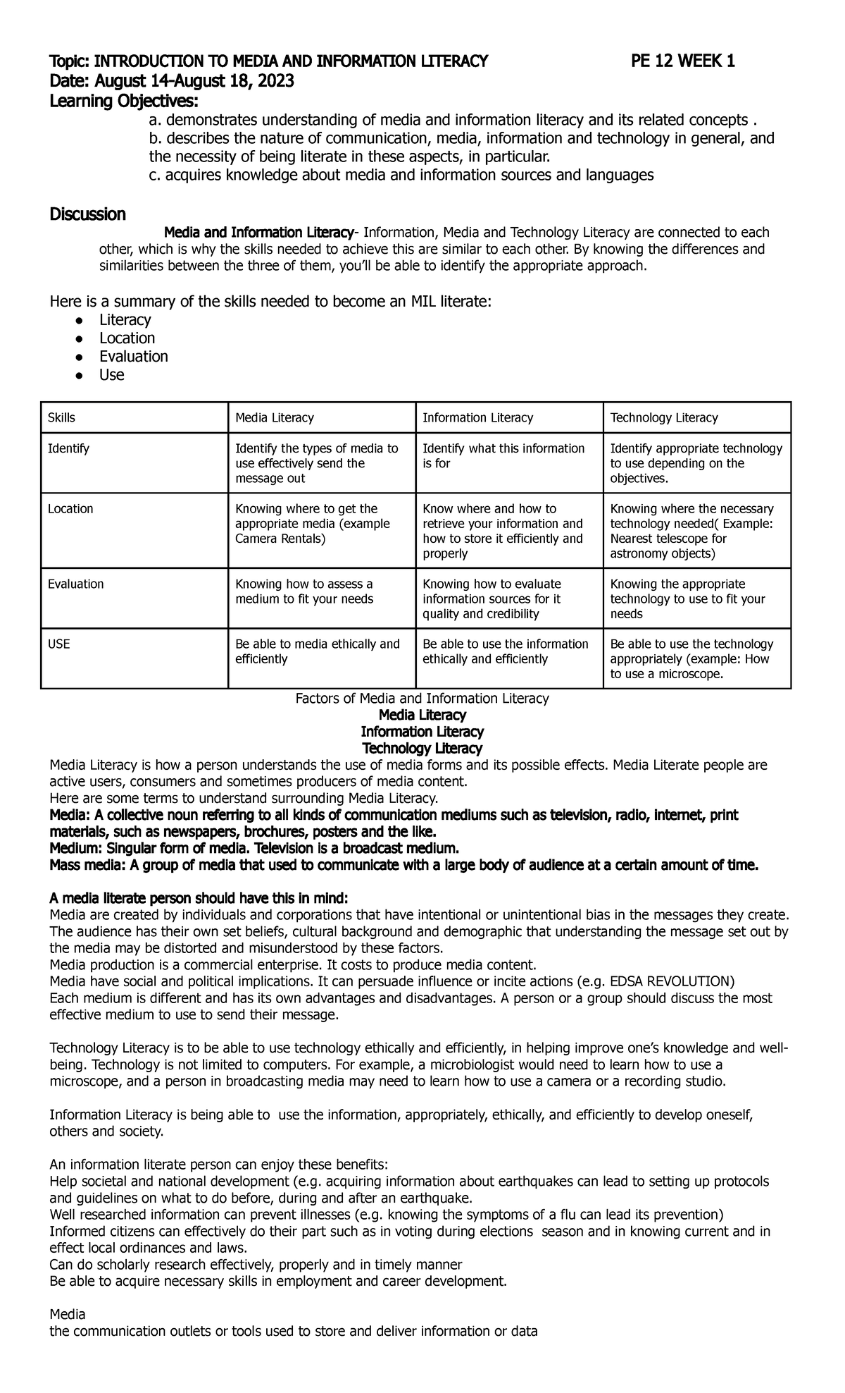 MIL- Lecture WEEK1 - Thank you. - Topic: INTRODUCTION TO MEDIA AND INFORMATION LITERACY PE 12 ...