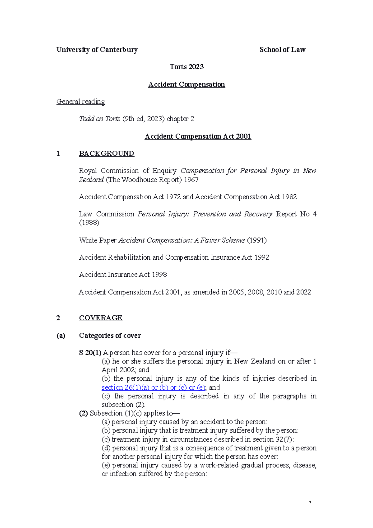 ACC synopsis - Accident Compensation Notes - University of Canterbury ...