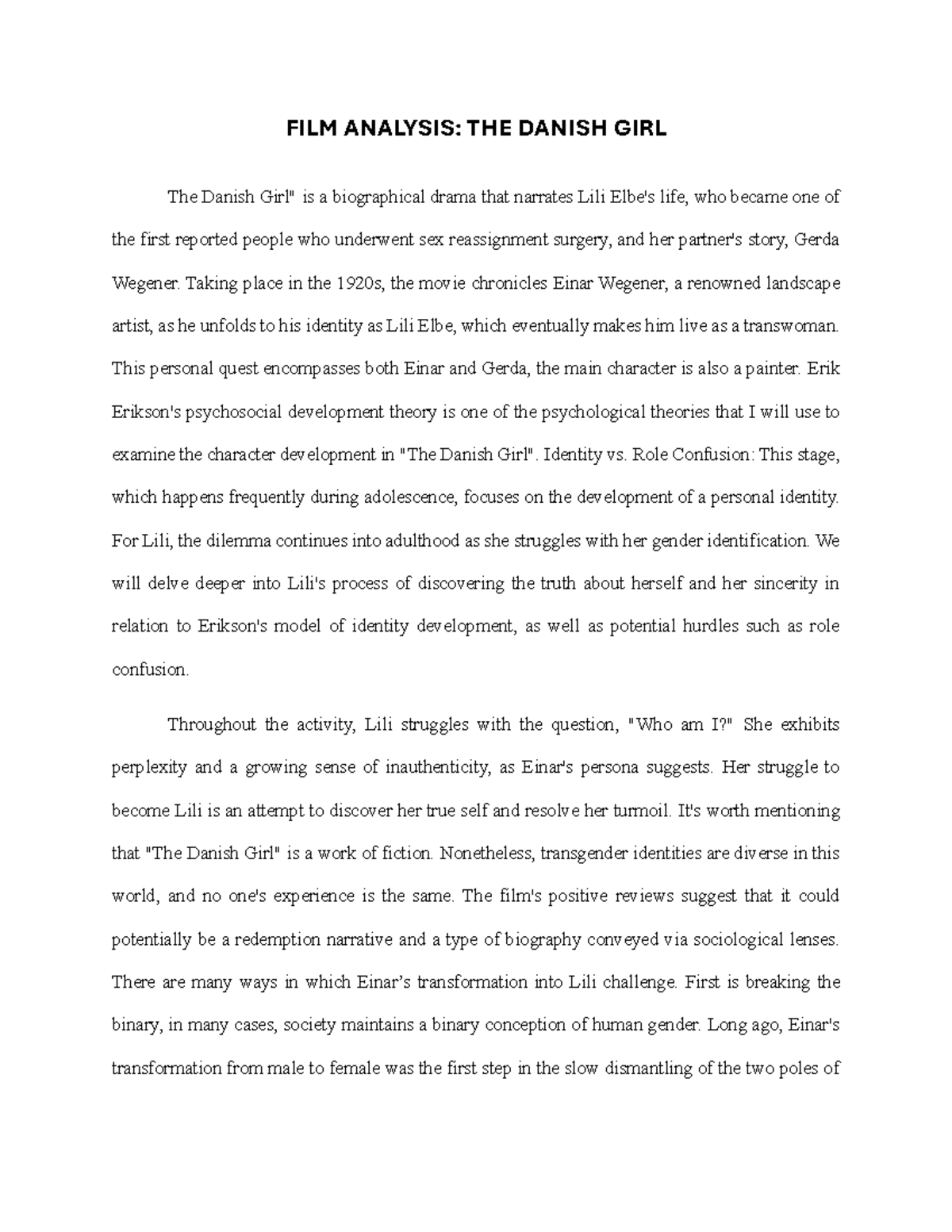 FILM Analysis GED109 - FILM ANALYSIS: THE DANISH GIRL The Danish Girl ...