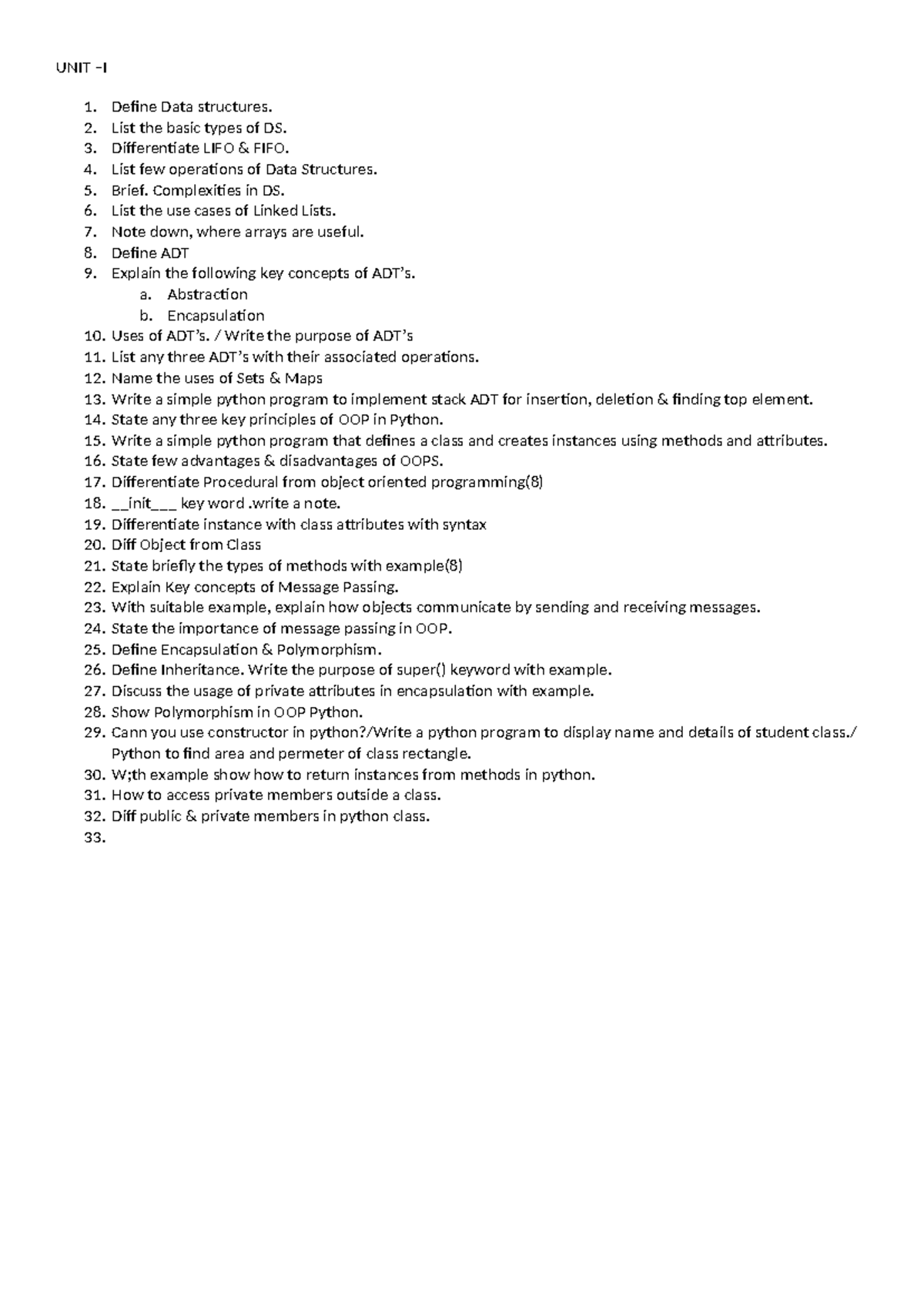 DSA UNIT 1Q Bank - Practice QP - UNIT –I Define Data structures. List the basic types of DS ...