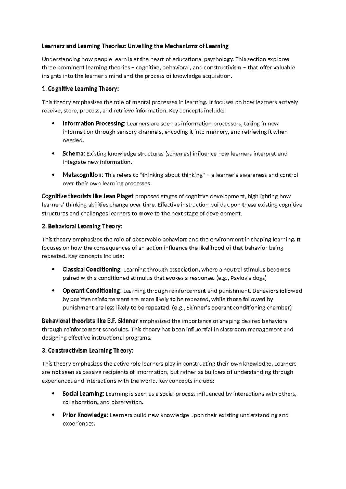 Learners and Learning Theories - This section explores three prominent ...