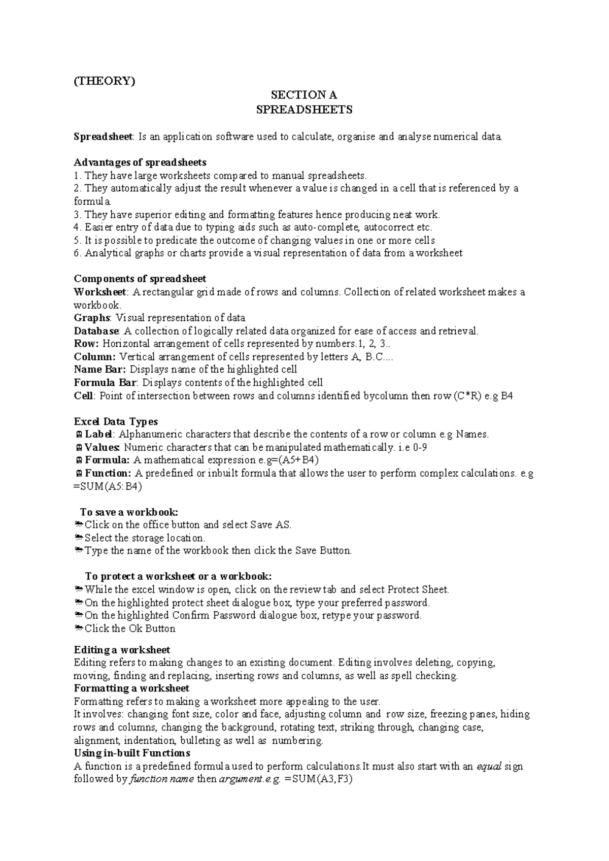 Microsoft excel - DETAILED NOTES - (THEORY) SECTION A SPREADSHEETS ...