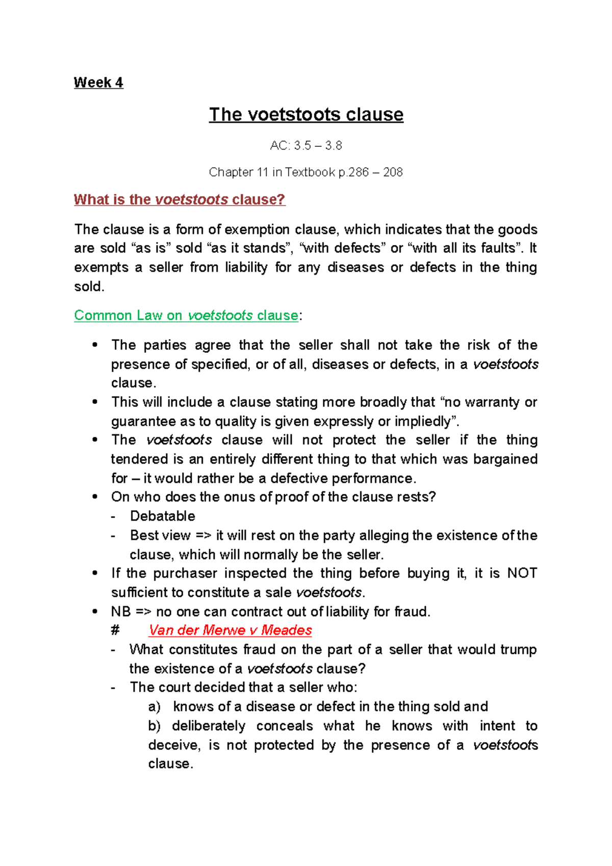 Week 4 - Sale and Lease Notes (3) 2 - Week 4 The voetstoots clause AC ...