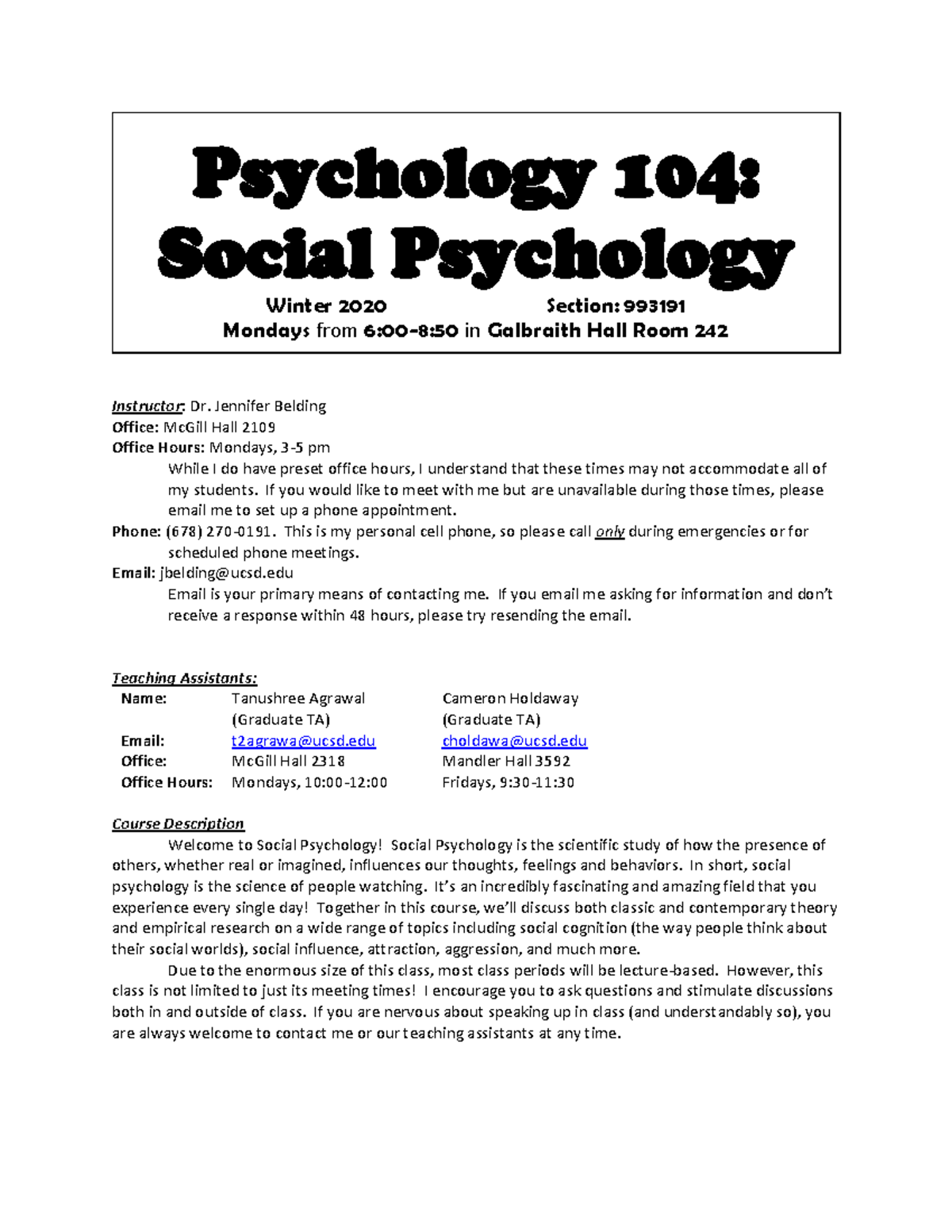 PSYC 104 Syllabus (WI2020) - Warning: TT: undefined function: 32 Warning: TT: undefined function ...