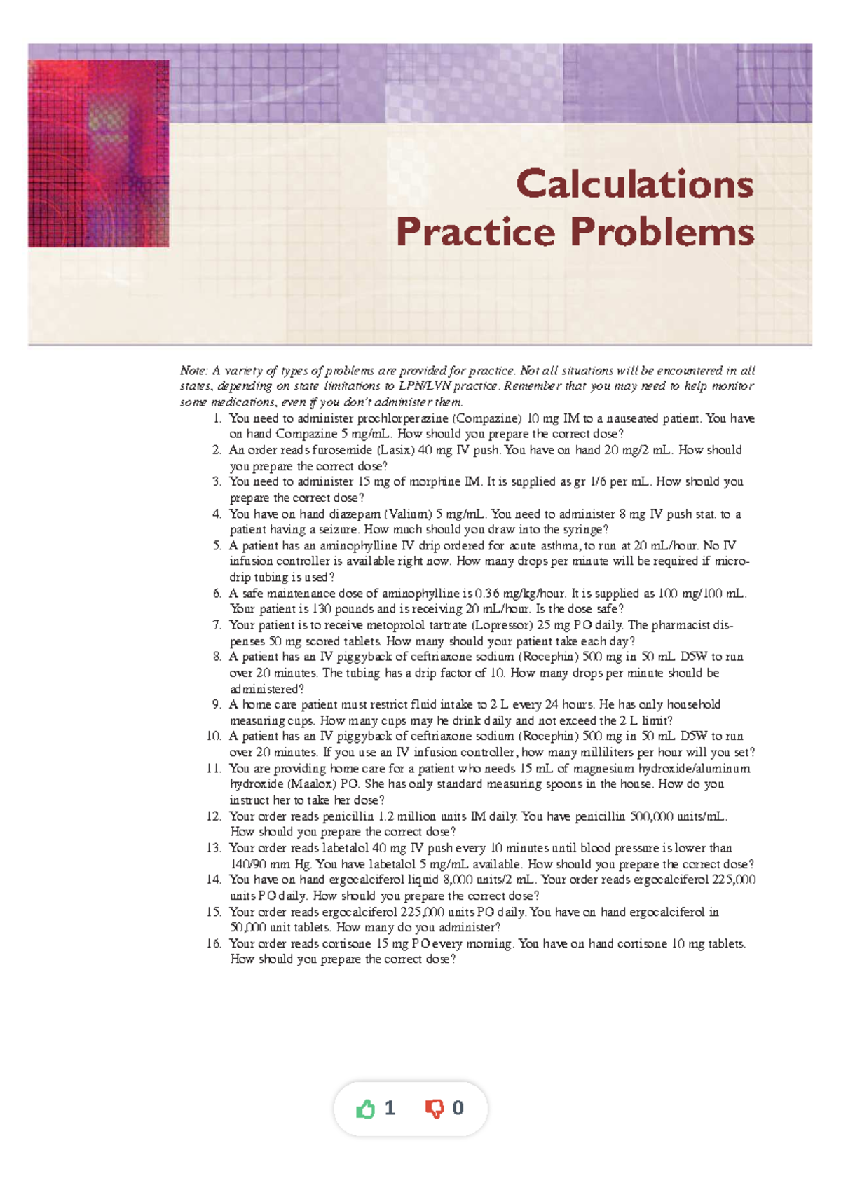 Fundamentals of nursing - Calculations Practice Problems Note: A ...