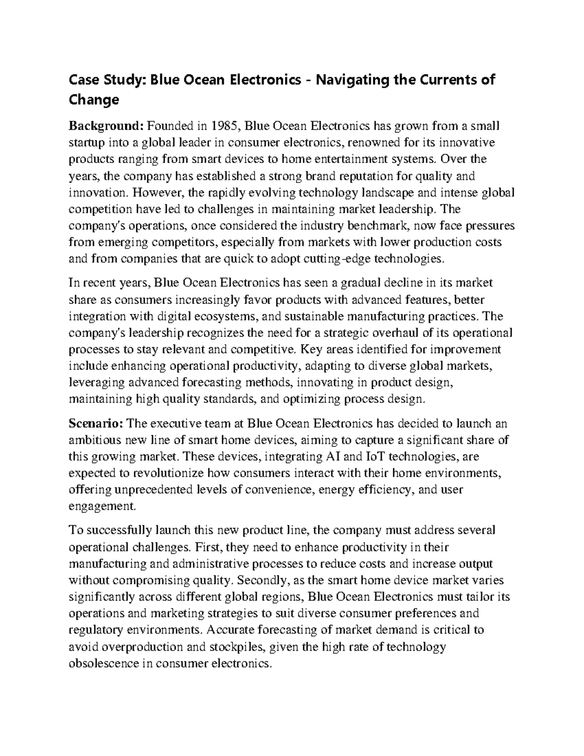 Case Study - Blue Ocean (Case #1) - Case Study: Blue Ocean Electronics ...