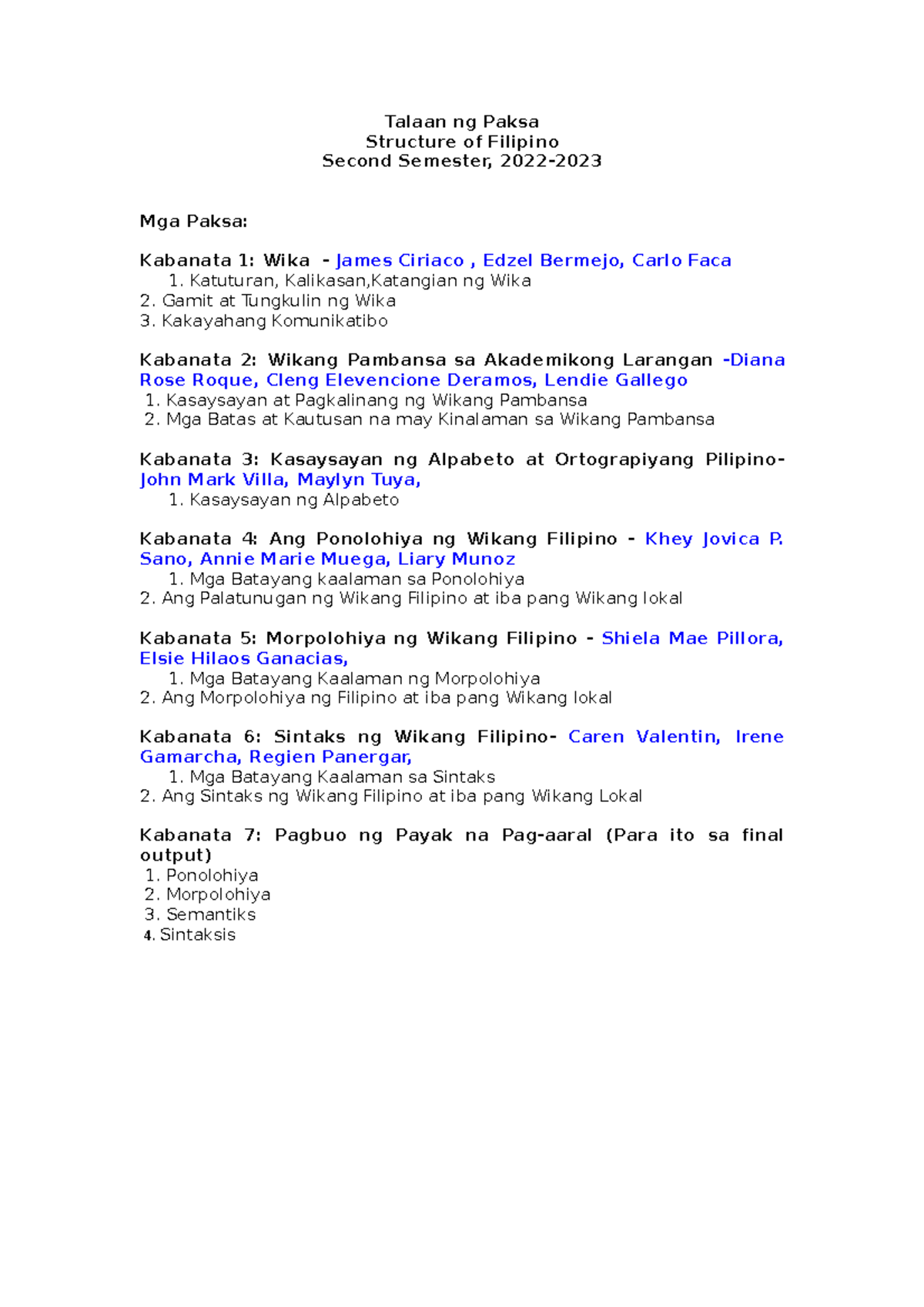 Sturcture-of-Filipino - Talaan ng Paksa Structure of Filipino Second ...