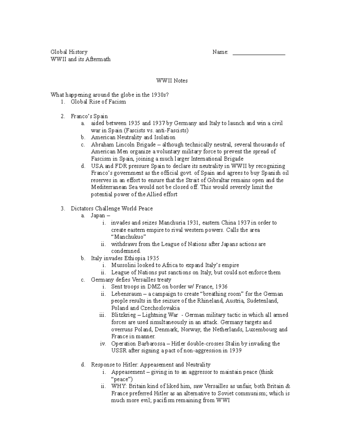 Notes WWII in a Nutshell - Global History Name: _________________ WWII ...