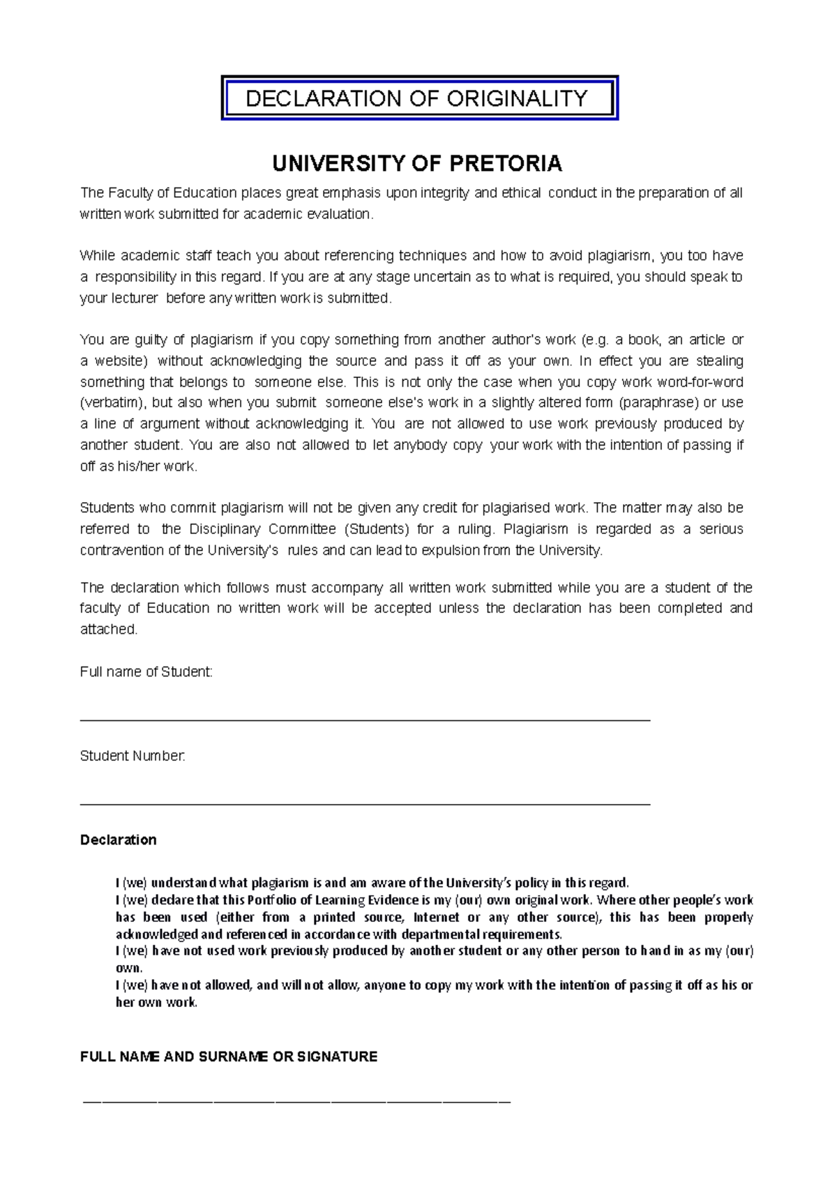 OPV 122 - Declaration OF Originality - PRO 280 - UP - Studocu