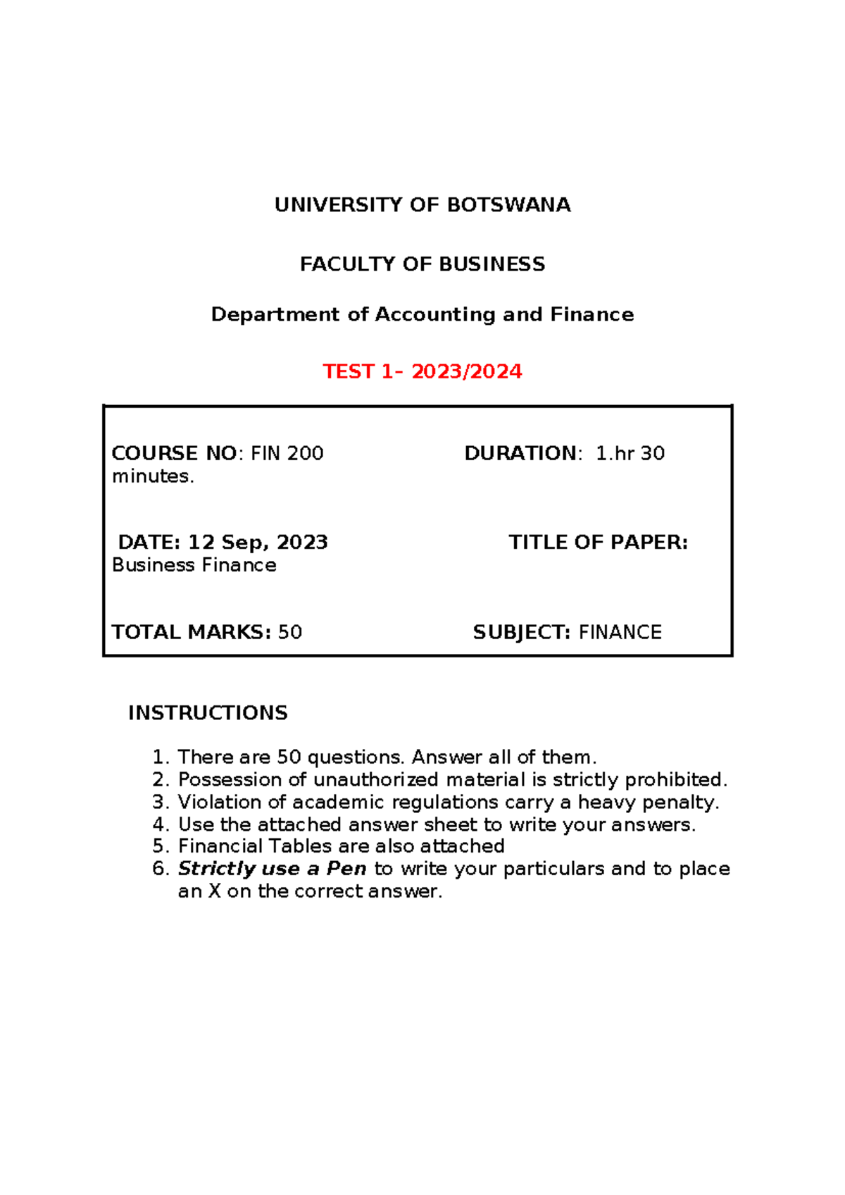 FIN 200 Test 1 2023 - Marking Key - UNIVERSITY OF BOTSWANA FACULTY OF ...