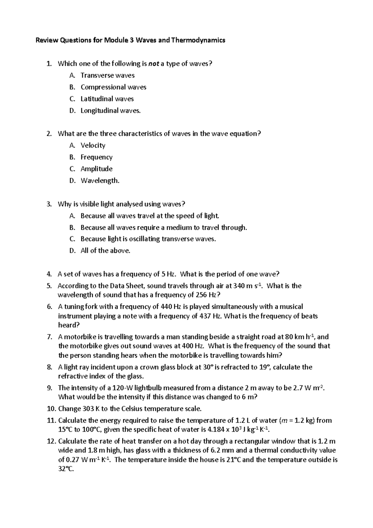 Review Questions for Module 3 Waves and Thermodynamics - Review ...