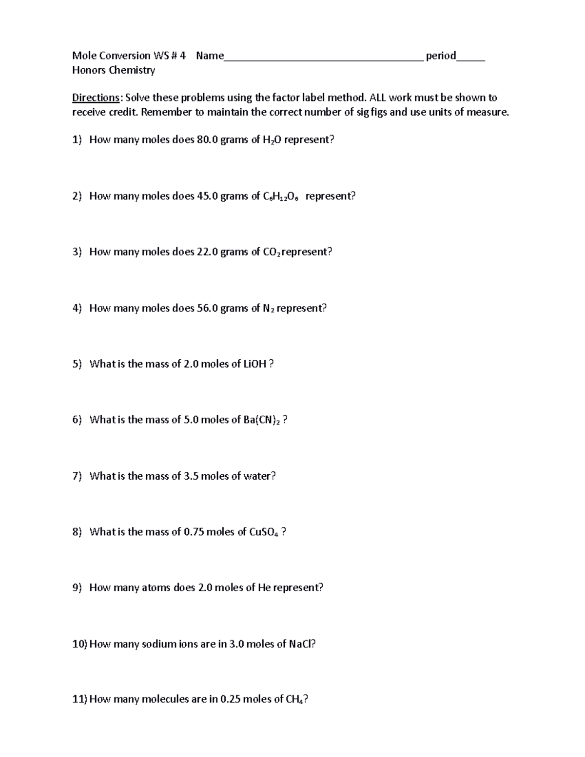 Mole Ws 4 - mole ws - Mole Conversion WS # 4Honors Chemistry Name